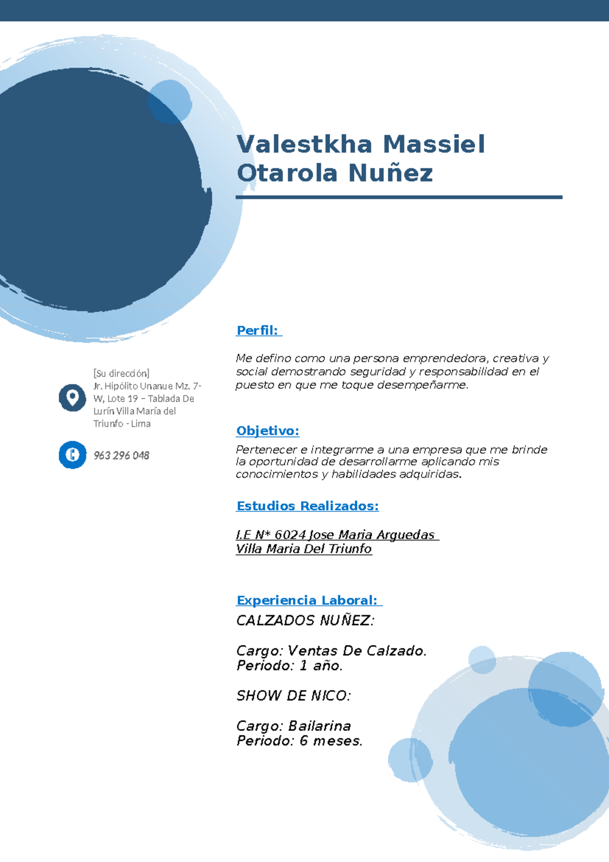 Cv stef - asignamiento - Valestkha Massiel Otarola Nuñez Perfil: Me ...