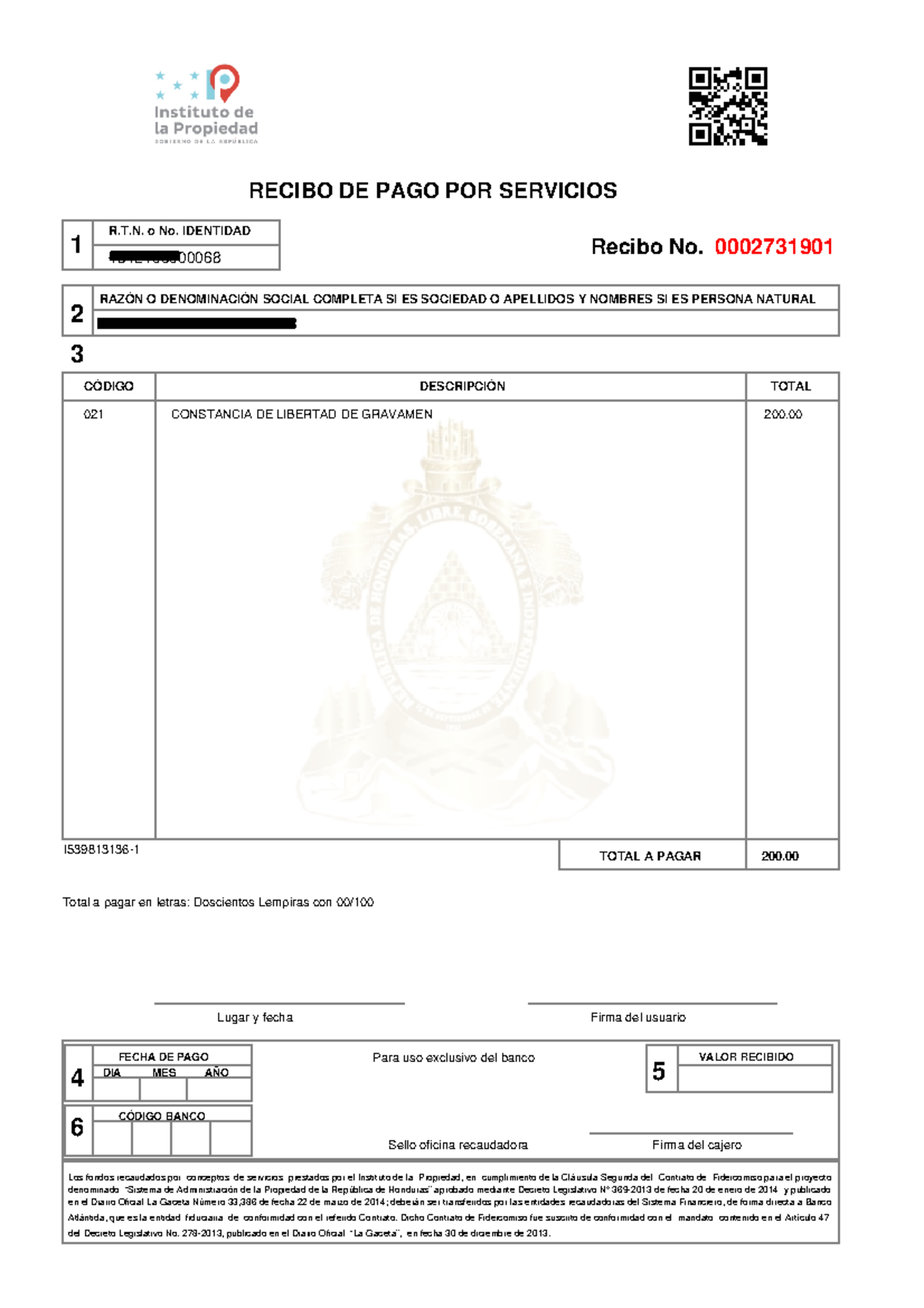 Recibo TGR libre grabamen - RECIBO DE PAGO POR SERVICIOS 1 Recibo No ...