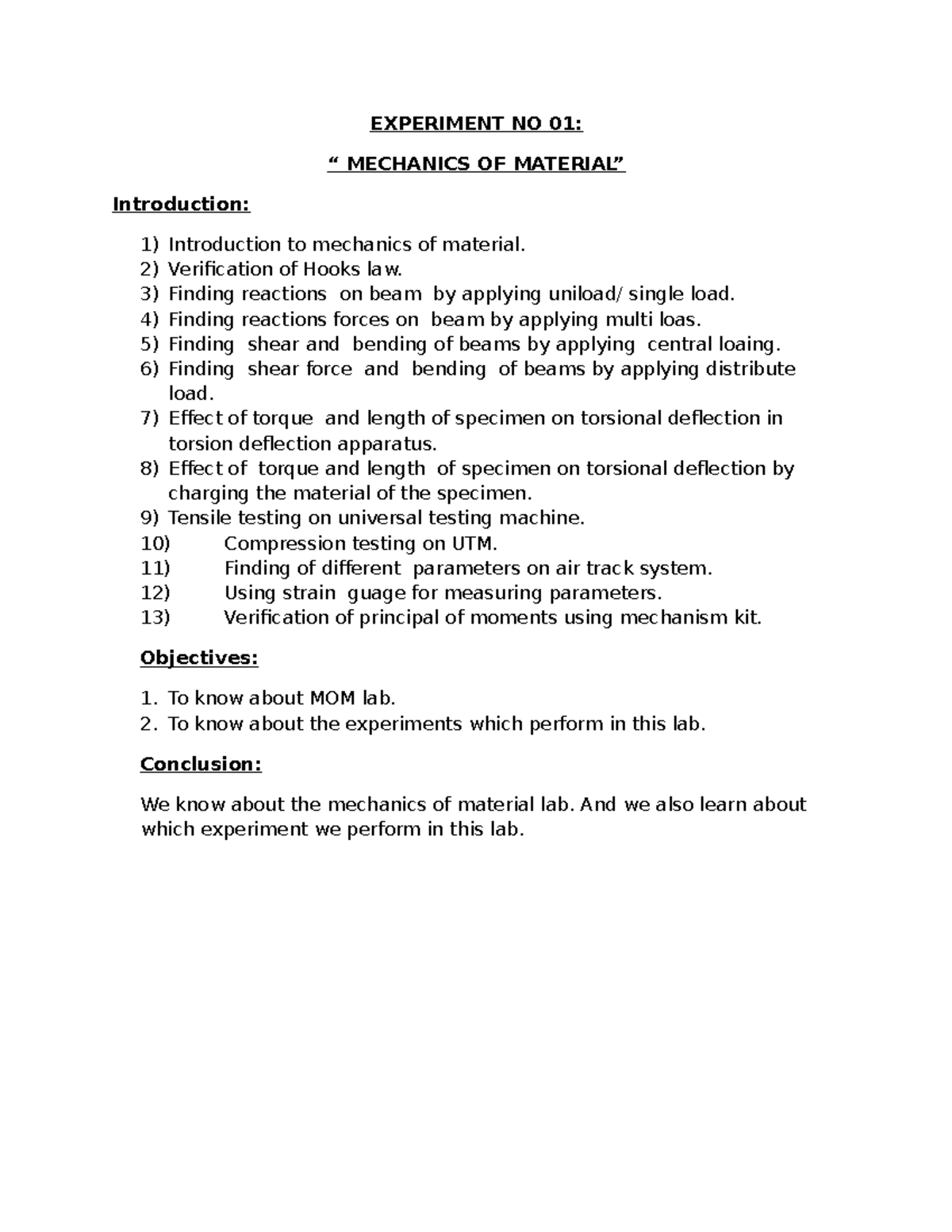 Mechanics of material Lab 1 - EXPERIMENT NO 01: “ MECHANICS OF MATERIAL ...