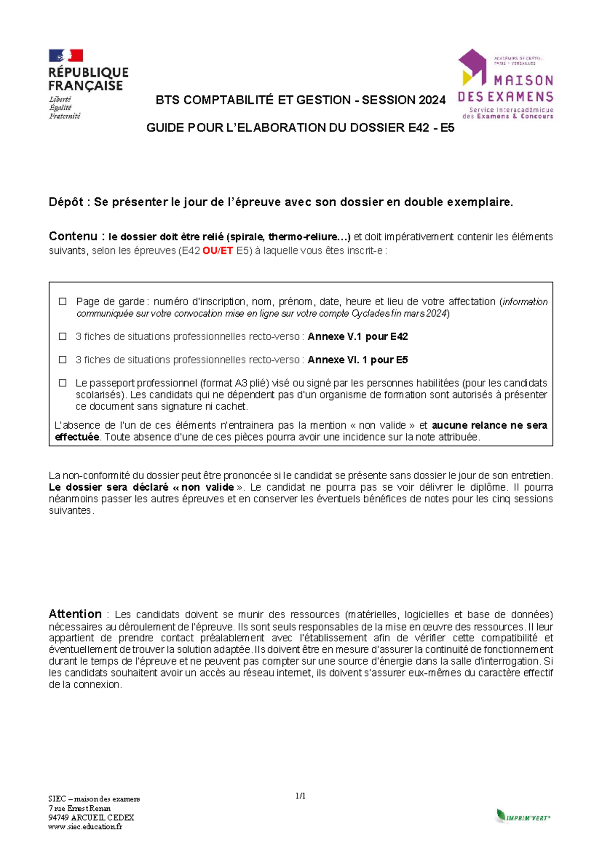 BTS CG 2024 - E42 E5 Guide D' Elaboration DU Dossier - SIEC – maison des examens 7 rue Ernest ...