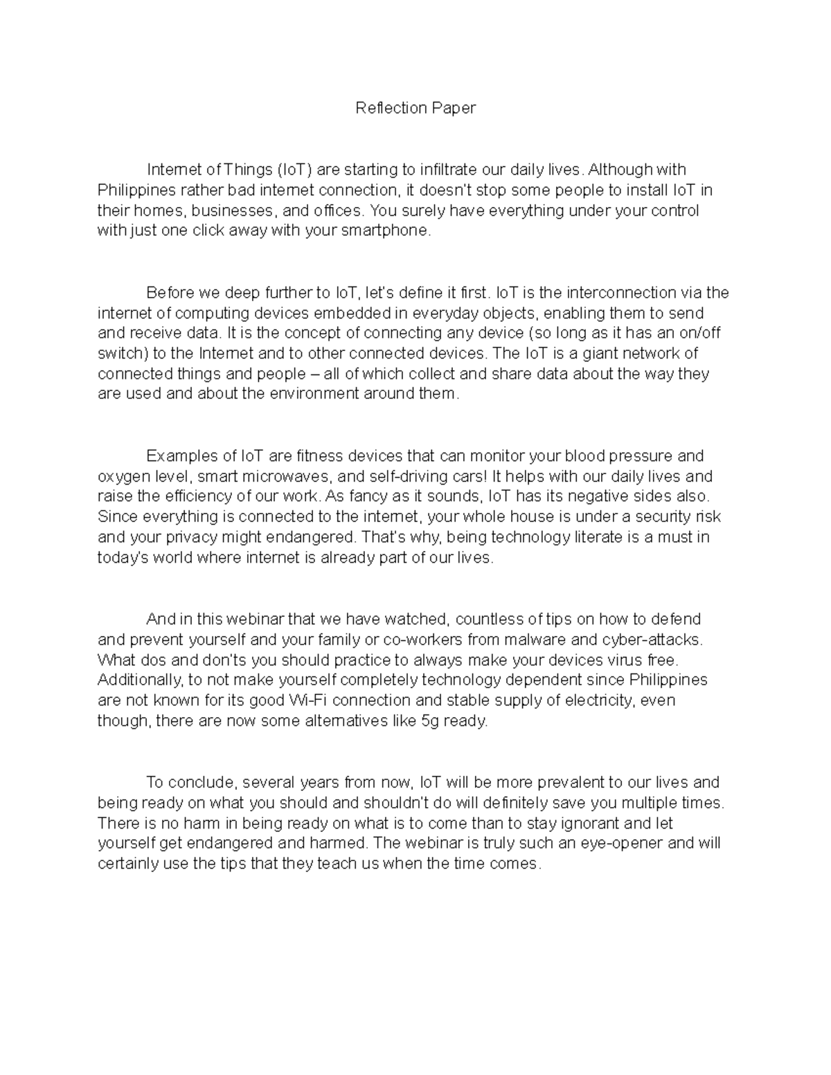 Reflection Paper - Reflection Paper Internet of Things (IoT) are ...