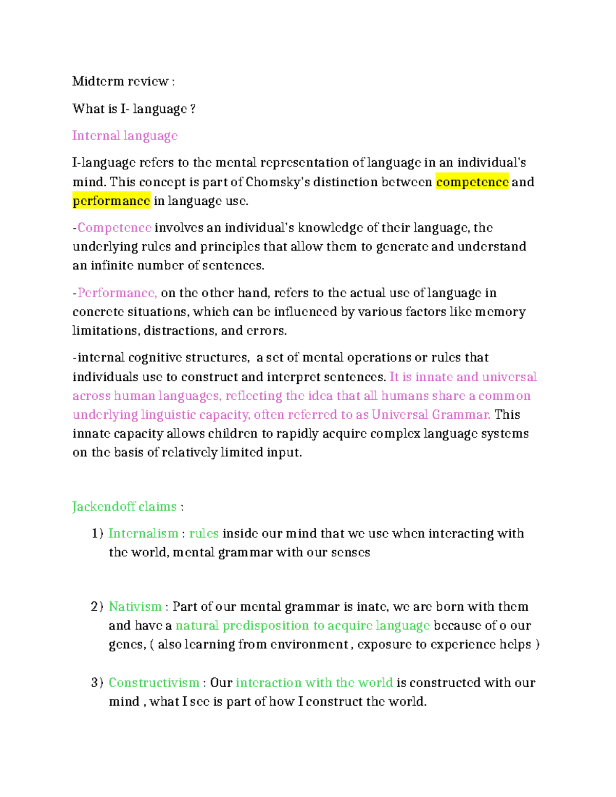 Midterm review ling - Summary Language and Mind: The Chomskyan Program ...