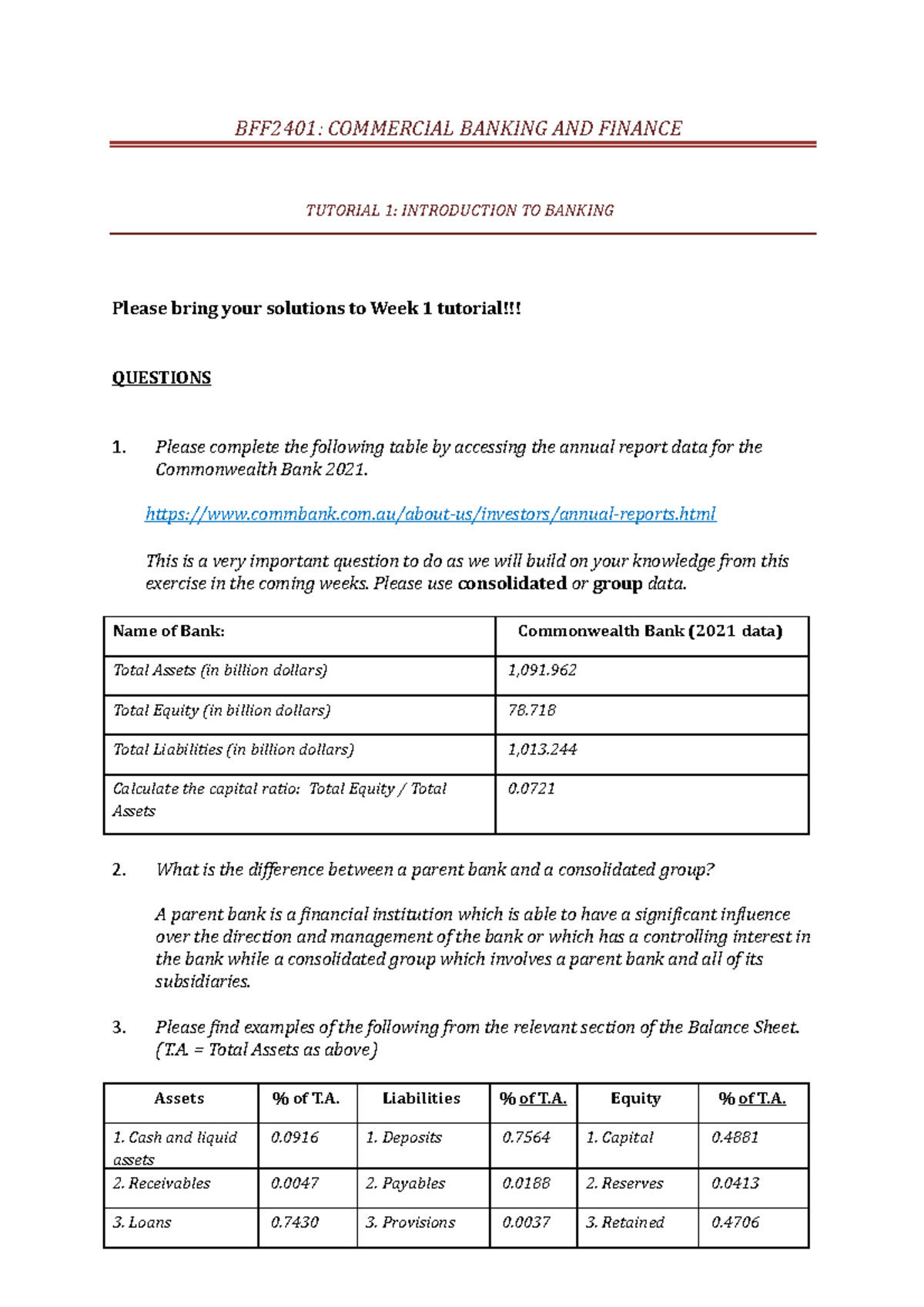 Tutorial questions - Week 1 - BFF2401: COMMERCIAL BANKING AND FINANCE ...