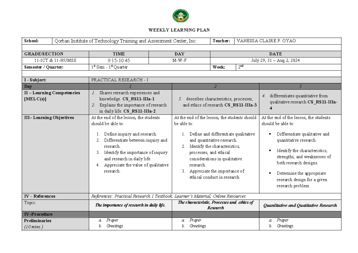 Q1-w1 qualiatative research - WEEKLY LEARNING PLAN School: Qorban ...