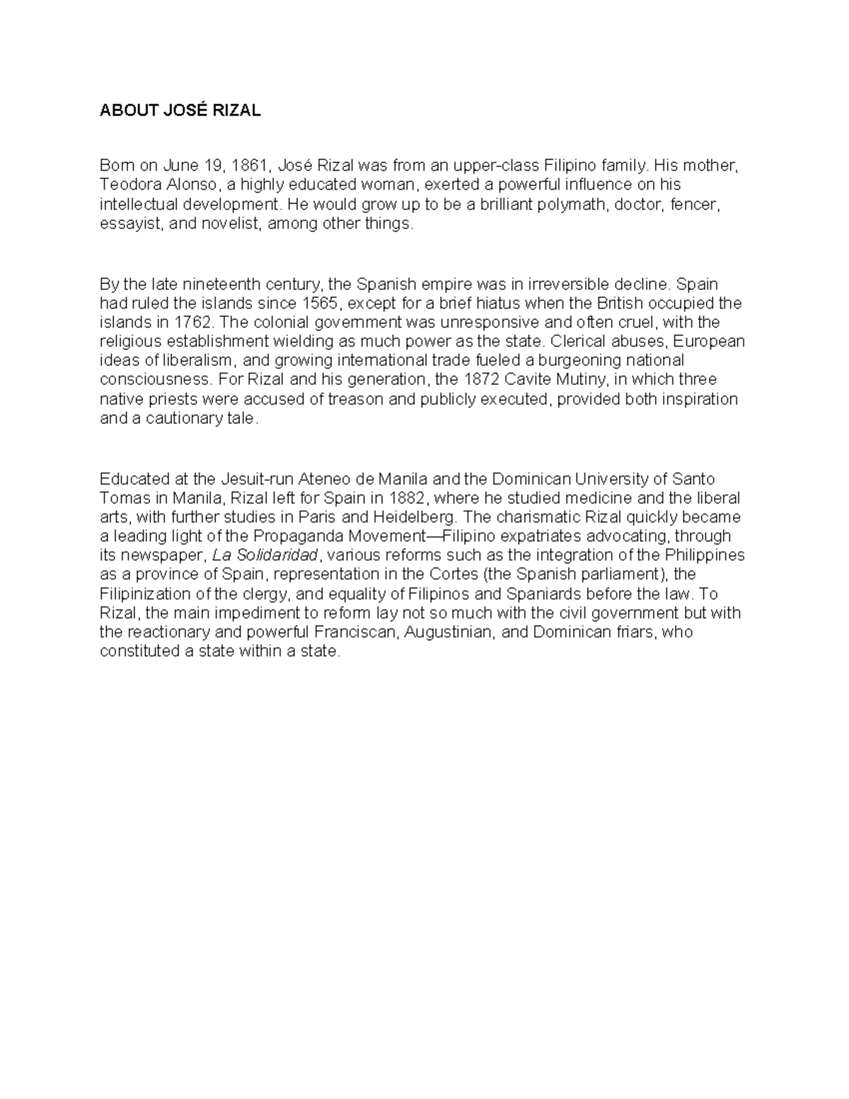 Life of jose rizal continuation - ABOUT JOSÉ RIZAL Born on June 19 ...