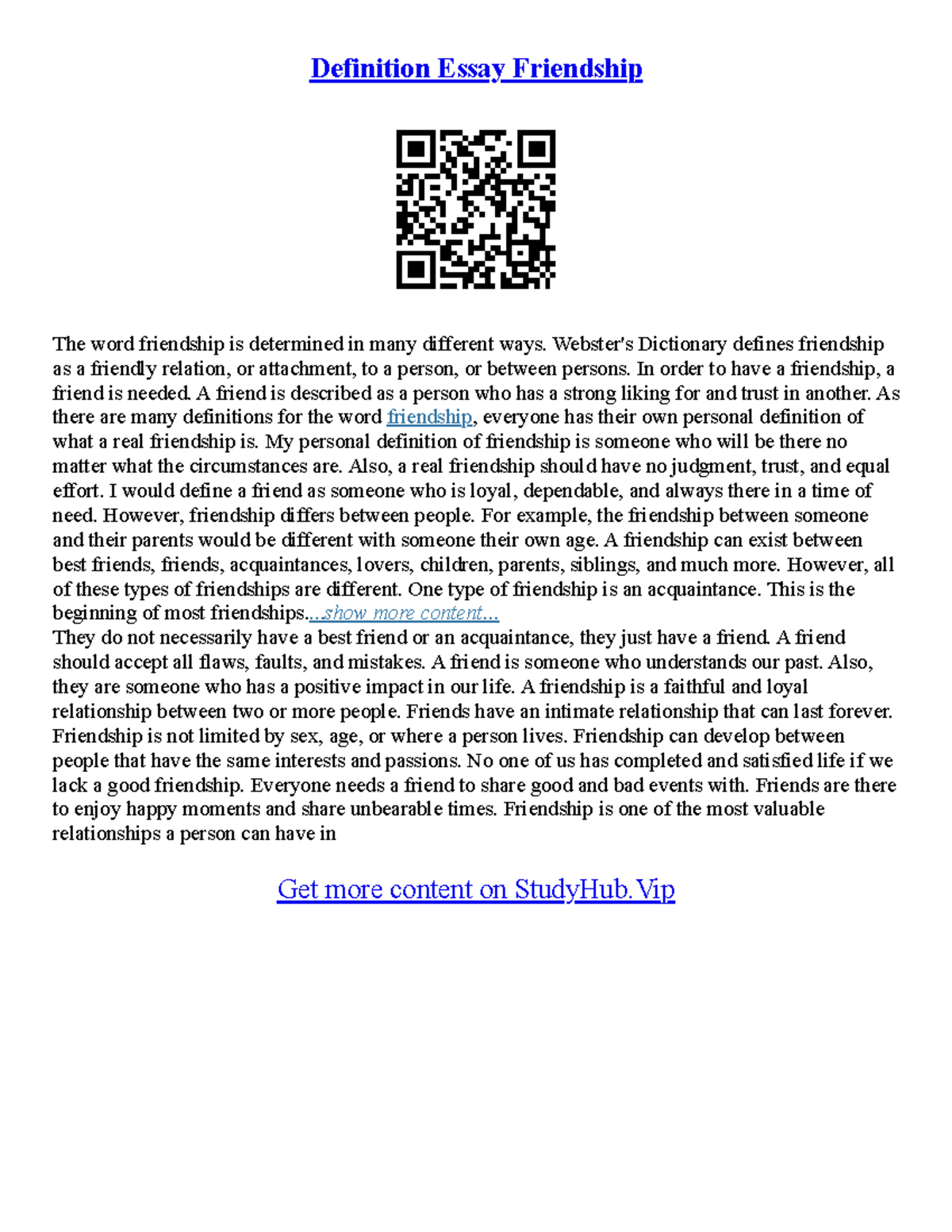 Friendship Essay Examples - Definition Essay Friendship The word ...