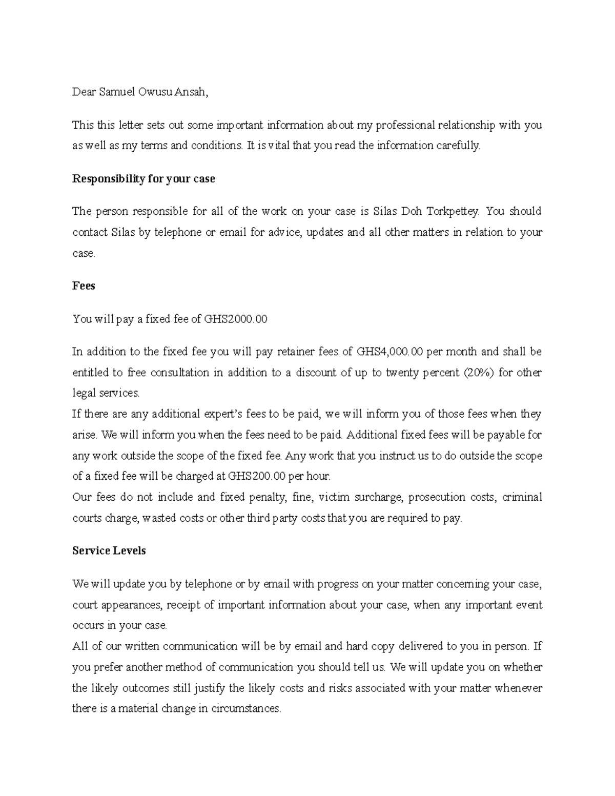 Client-care-letter - assignment - Dear Samuel Owusu Ansah, This this ...