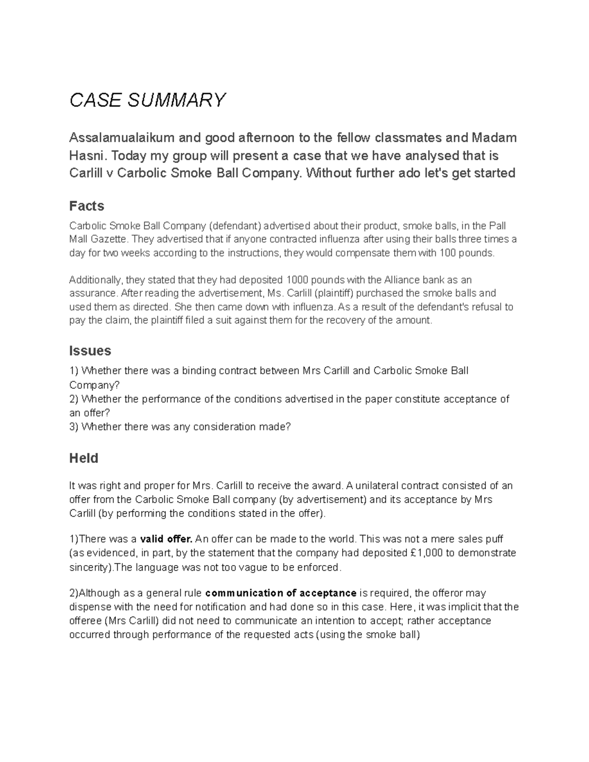 Presentation LAW 083 - briefing for case analysis (assignment) - CASE ...