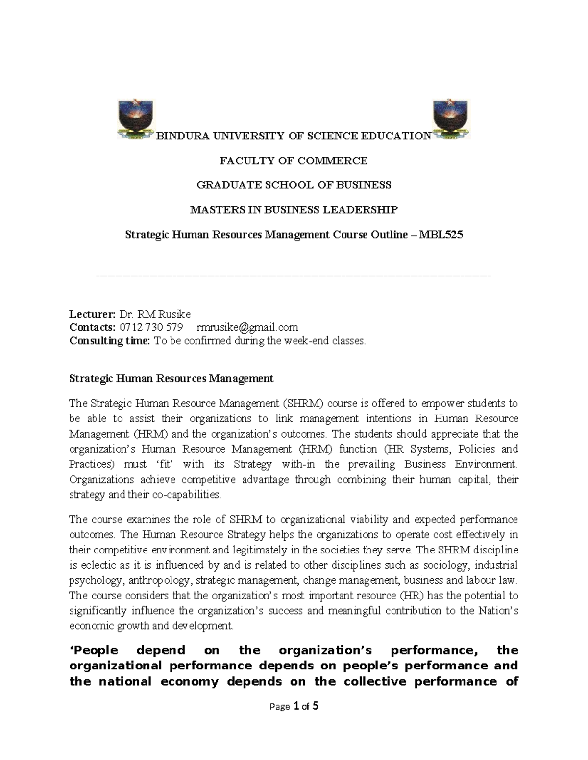Strategic Human Resource Management Course Outline - BINDURA UNIVERSITY ...