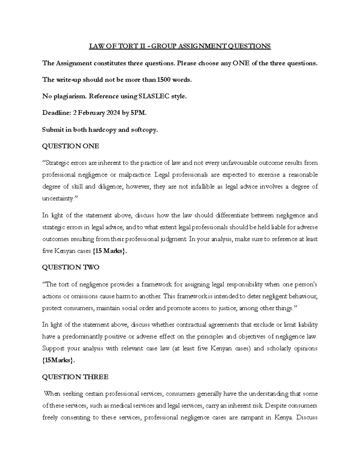 Law of Tort II - Group Assignment Questions - LAW OF TORT II - GROUP ASSIGNMENT QUESTIONS The ...