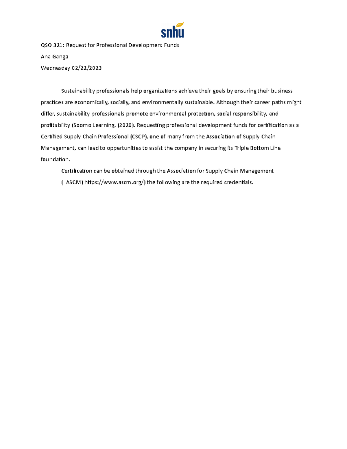 QSO 321 Request for Professional Development Funds - Although their ...