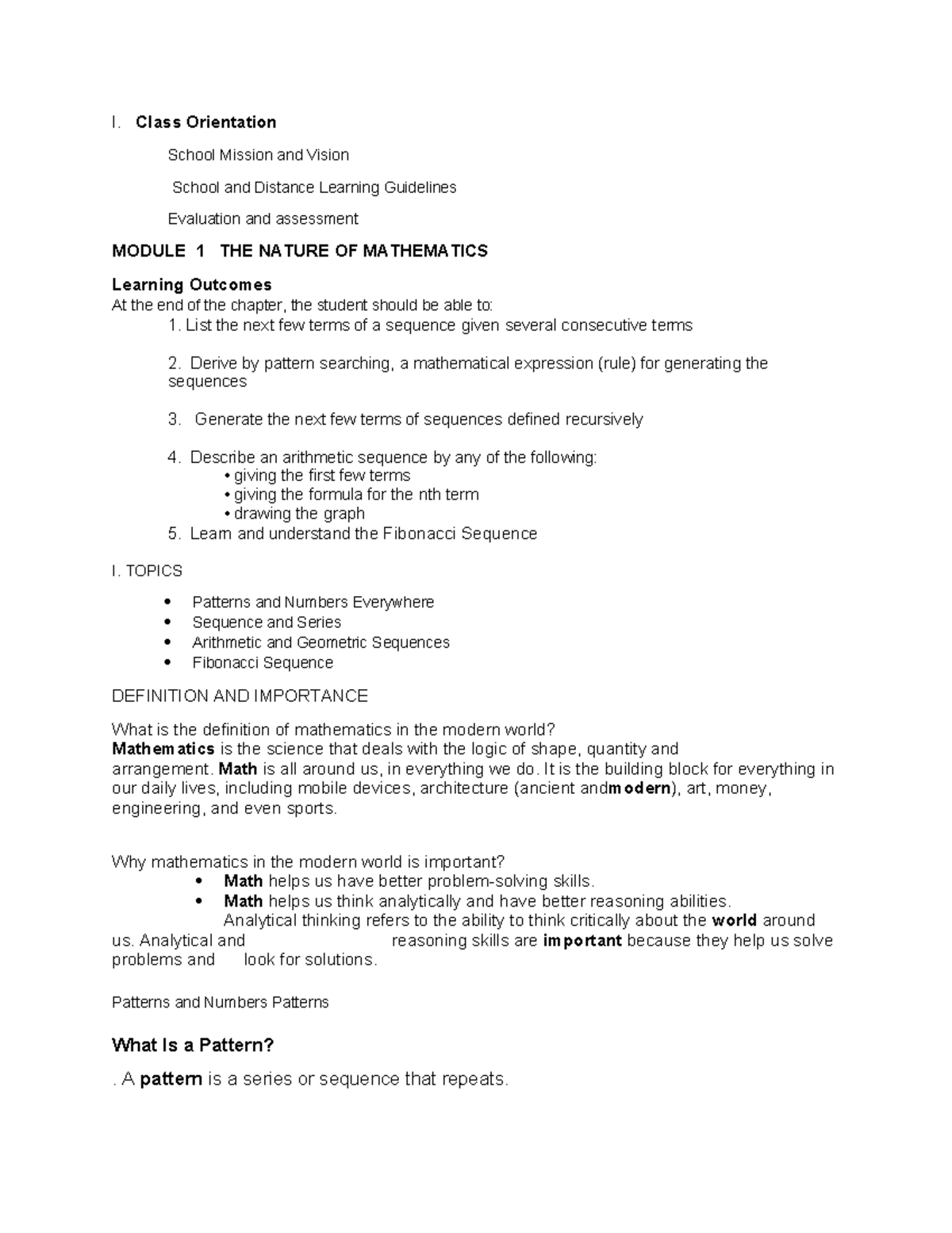 Module 1 MATH IN THE Modern World Students COPY - I. Class Orientation School Mission and Vision ...
