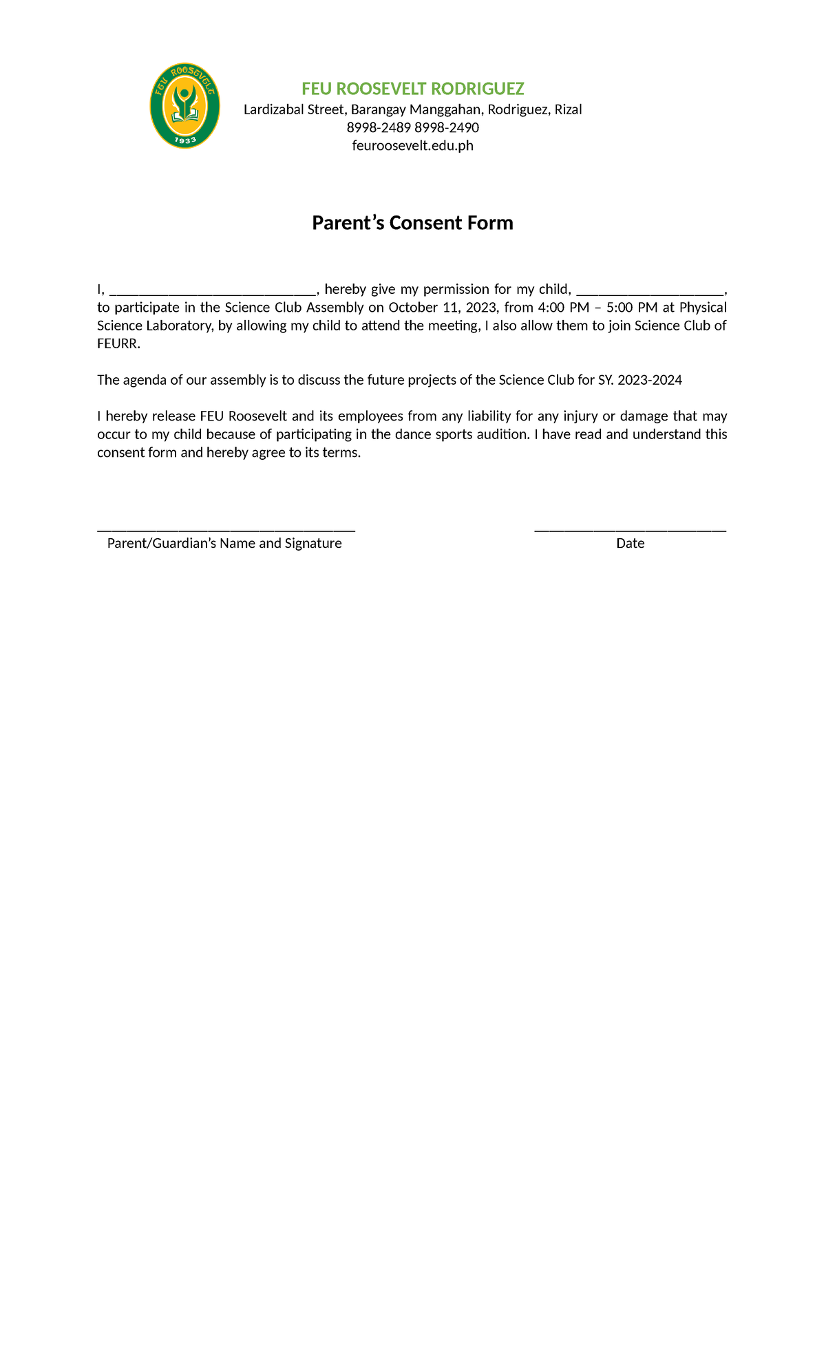 Parent consent - FEU ROOSEVELT RODRIGUEZ Lardizabal Street, Barangay ...