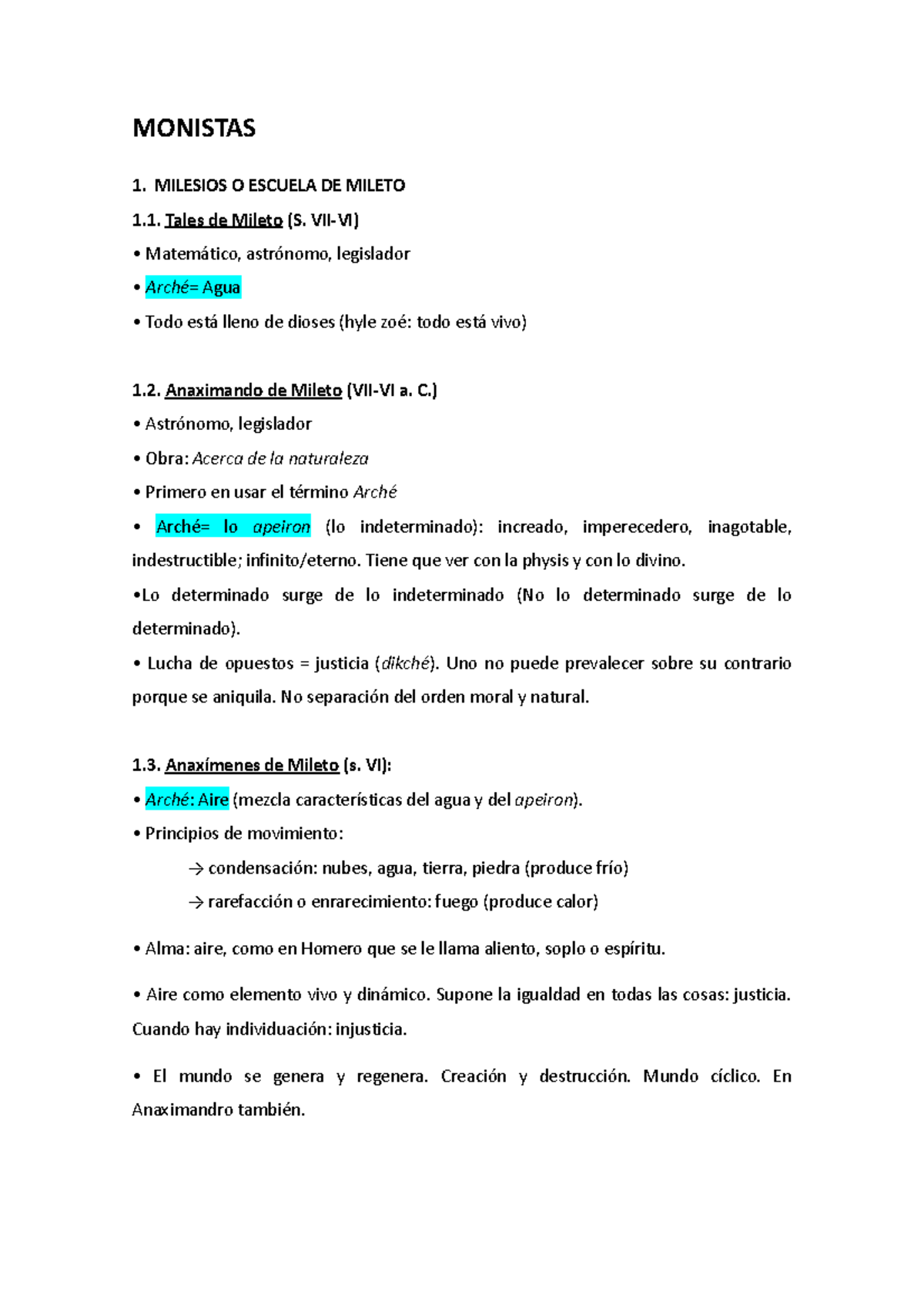 Esquemas - MONISTAS 1. MILESIOS O ESCUELA DE MILETO Tales de Mileto (S ...