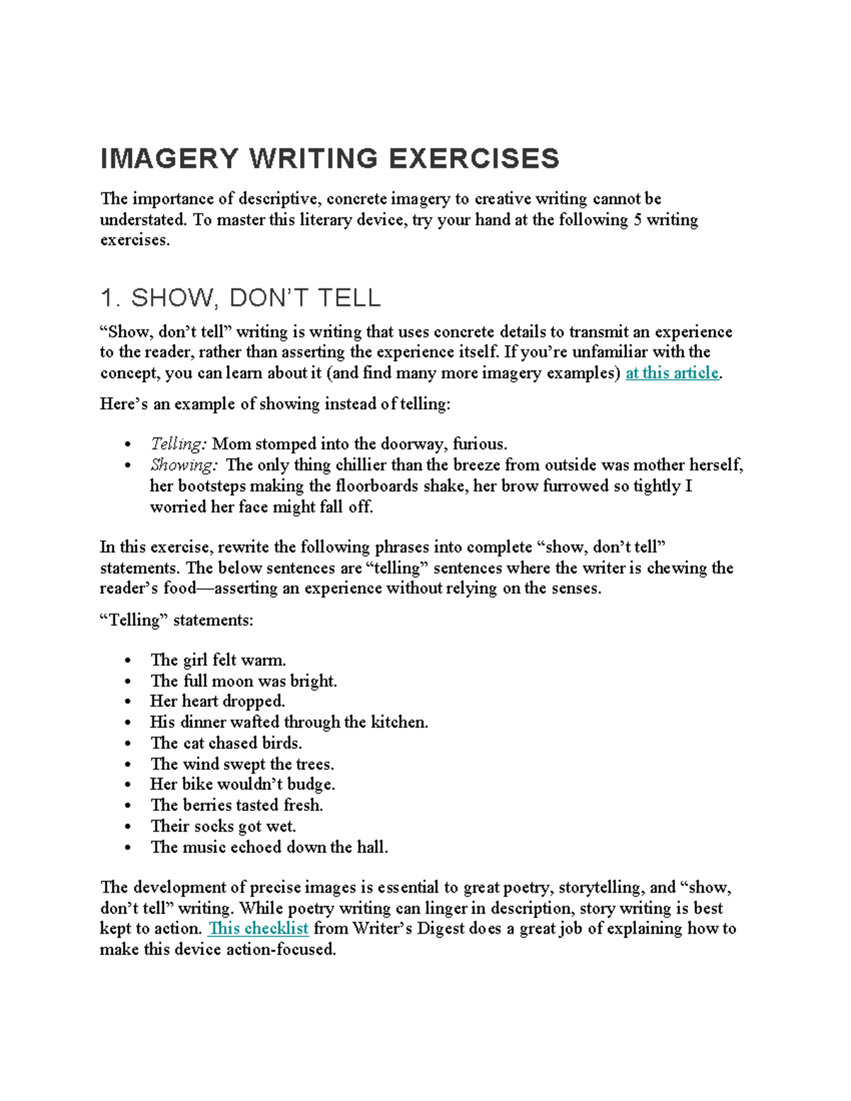 Imagery Writing Exercises - IMAGERY WRITING EXERCISES The importance of ...