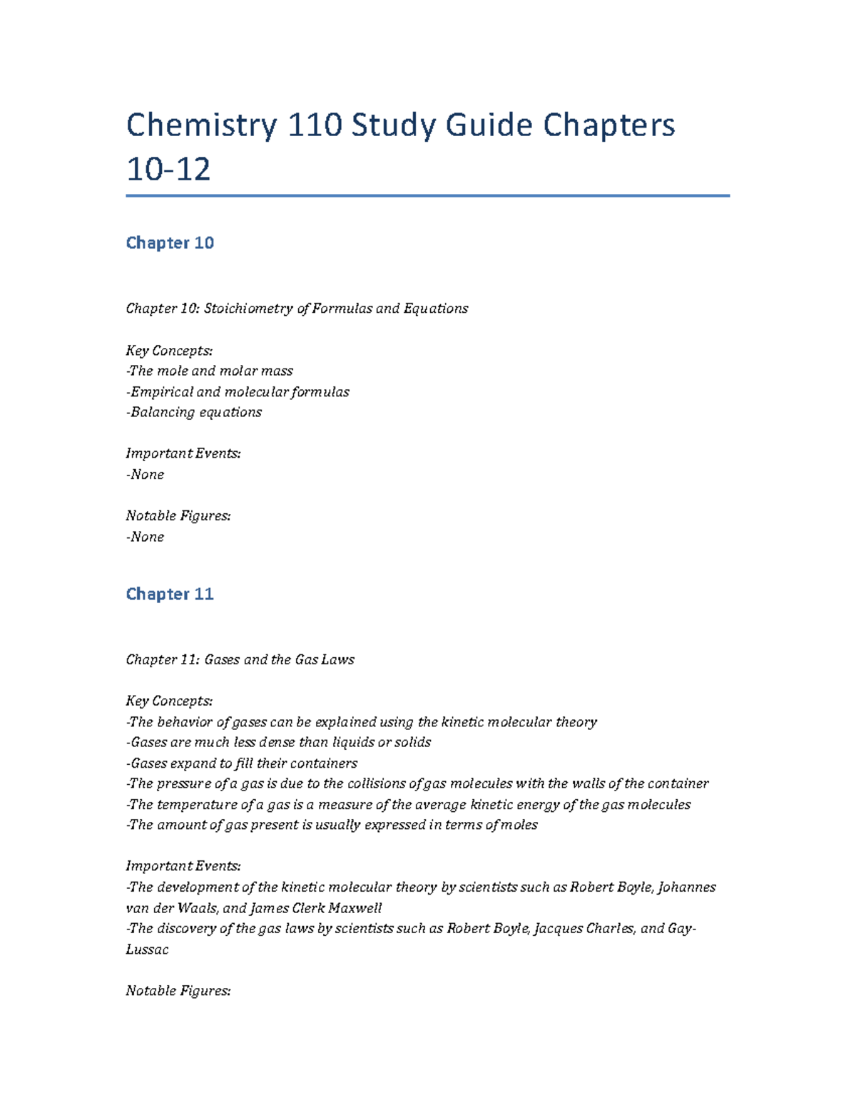 Chemistry 110 Study Guide Chapters 10-12 - Chemistry 110 Study Guide ...