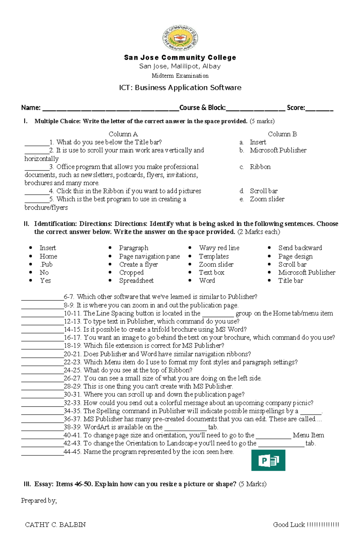 Midterm exam set B - assessment - Name: ______________Course & Block ...