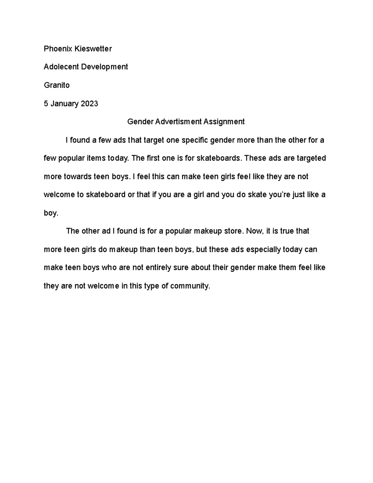Gender Advertisement Assignment - Phoenix Kieswetter Adolecent ...