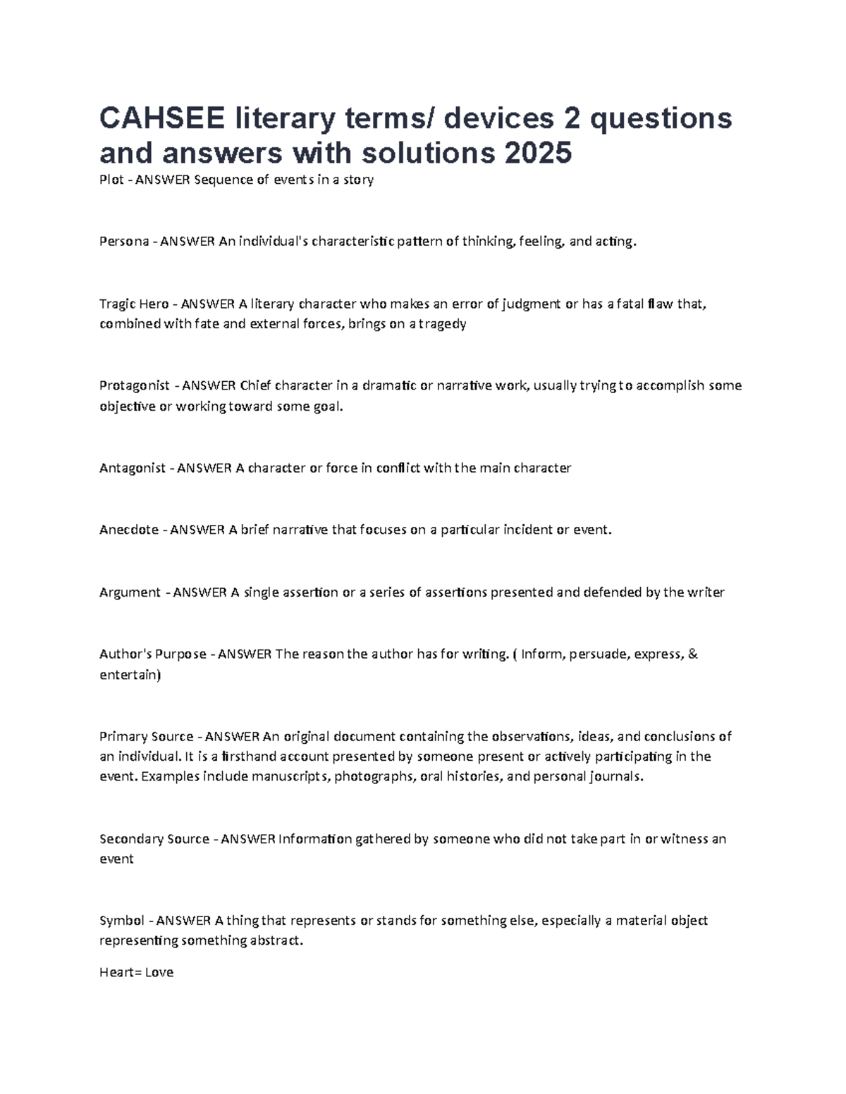 Cahsee literary terms - CAHSEE literary terms/ devices 2 questions and ...