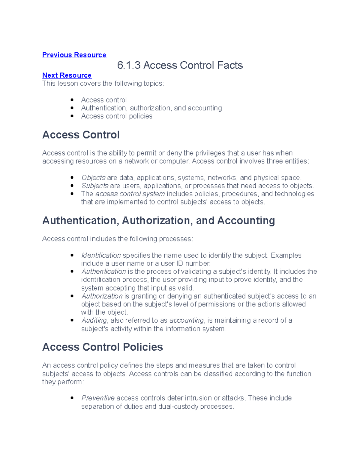 Ch 6 CNT - testout notes - Previous Resource 6.1 Access Control Facts ...