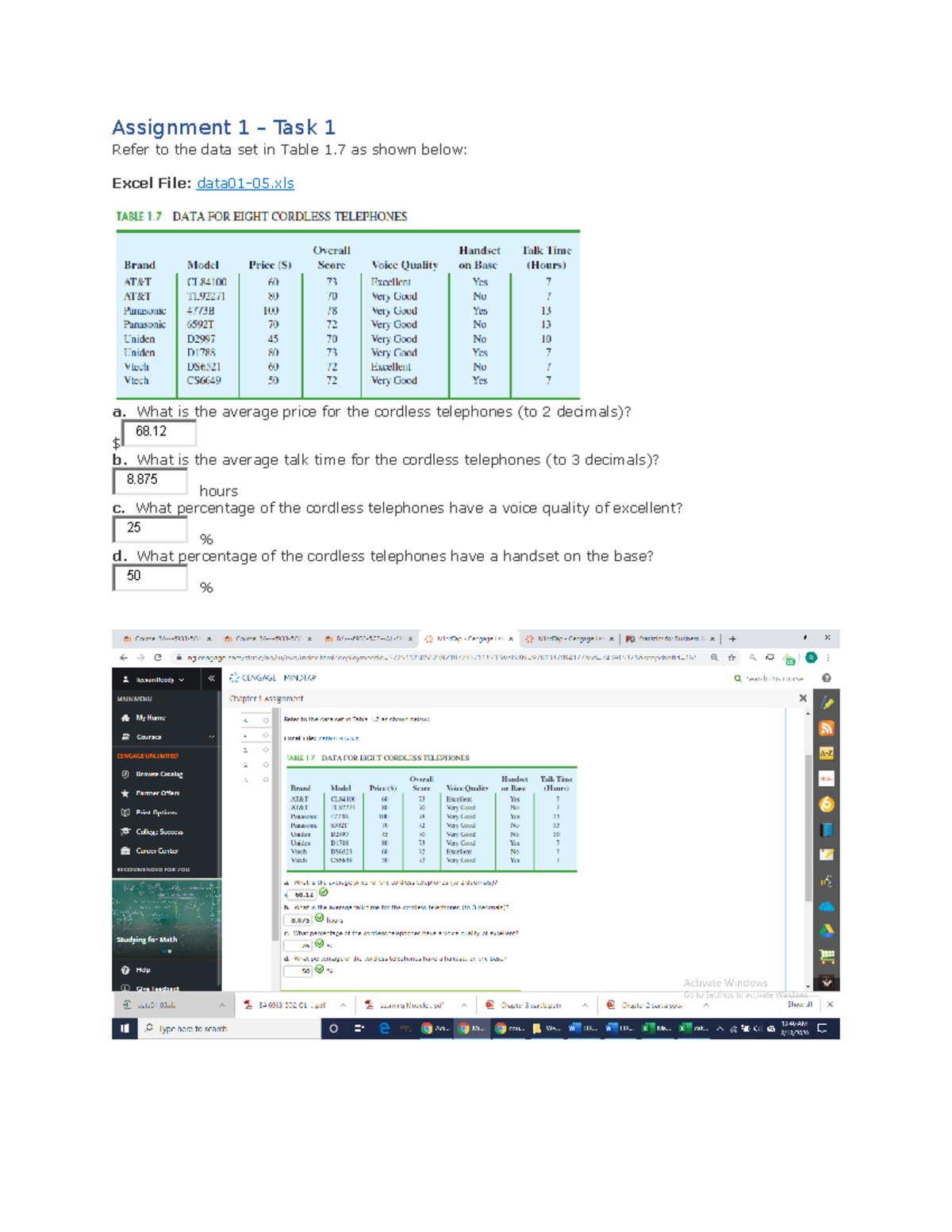 Week 1 Assignments Cengage Activities - Assignment 1 – Task 1 Refer to the data set in Table 1 ...