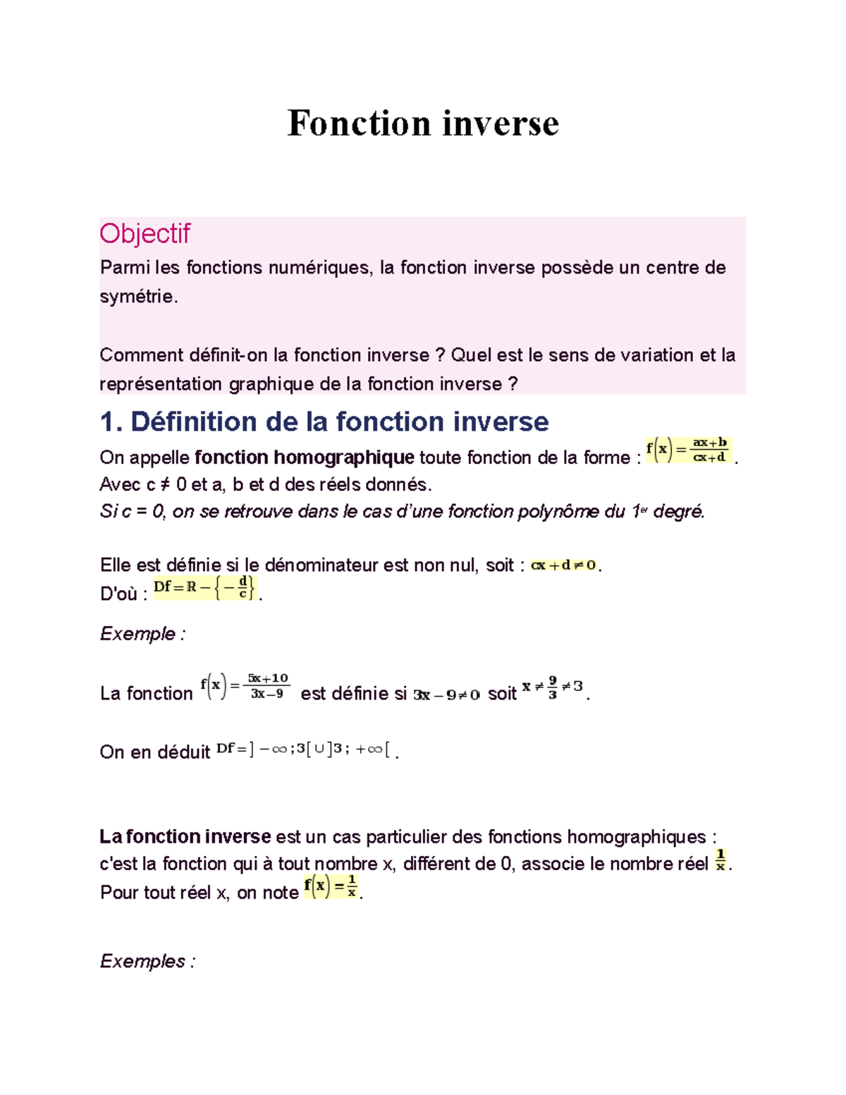 Fonction inverse - Comment définit-on la fonction inverse? Quel est le ...