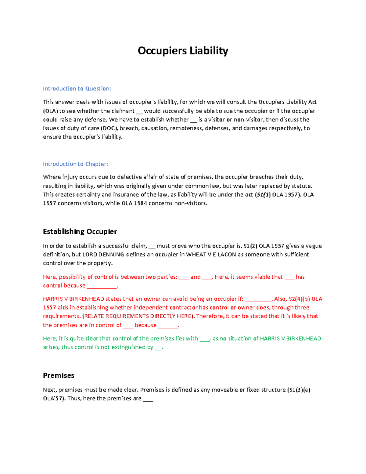 Occupiers liability structure - Occupiers Liability Introduction to ...