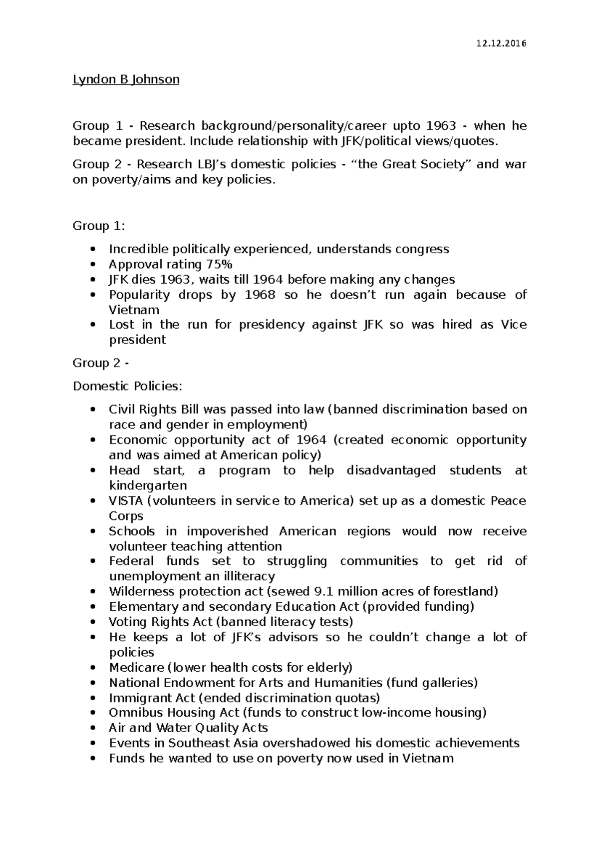 H 12 - Lesson work for American Dream lessons - Lyndon B Johnson Group ...