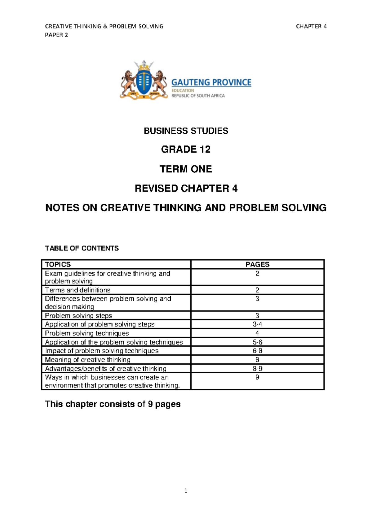 Chapter 4 - notes - PAPER 2 BUSINESS STUDIES GRADE 12 TERM ONE REVISED ...