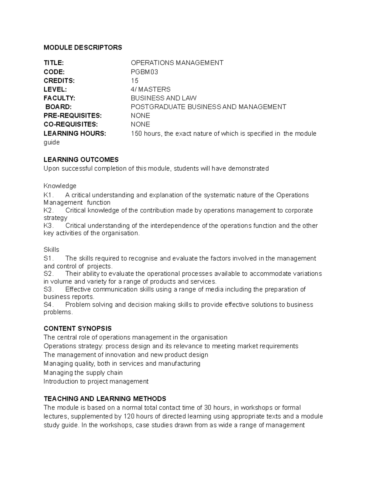 Module Descriptors PGBM03-1 - MODULE DESCRIPTORS TITLE: CODE: CREDITS ...