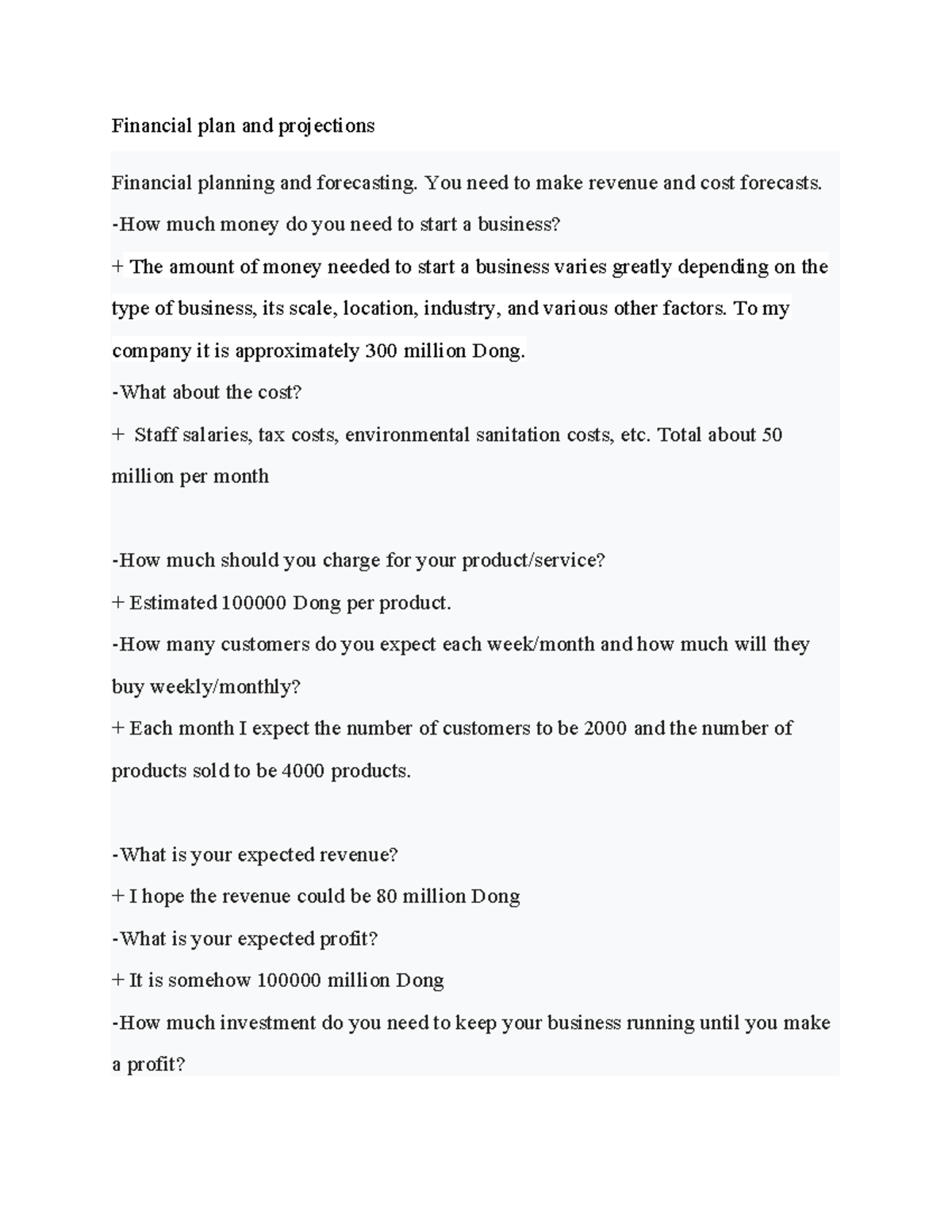 Financial plan and projections - Financial plan and projections ...