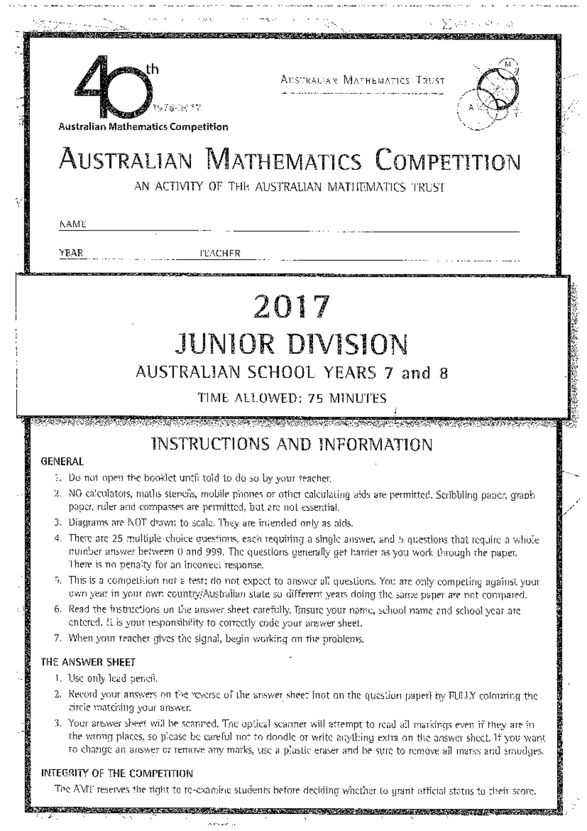 2017 AMC Junior past paper - MATH11218 - Studocu