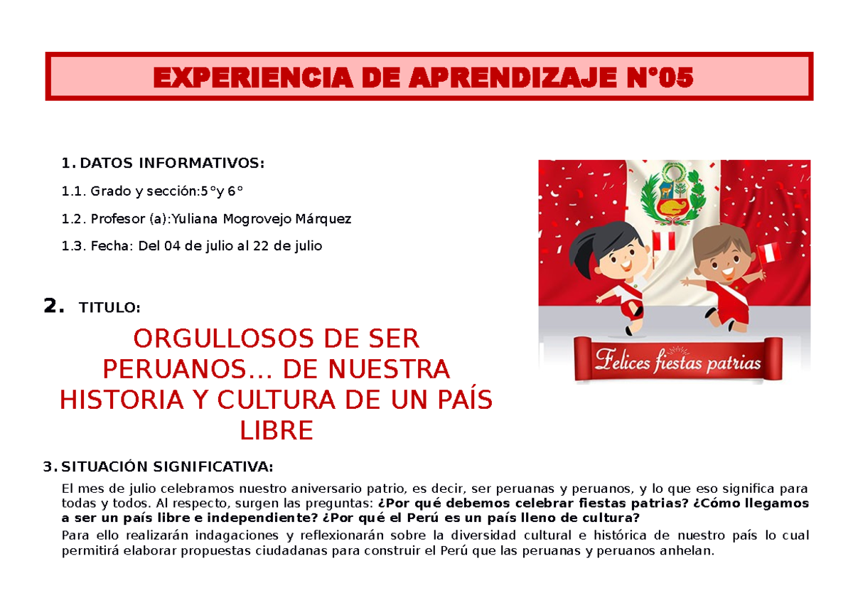 6° Grado - Experiencia DE Aprendizaje N°05 - EXPERIENCIA DE APRENDIZAJE N°0 5 1. DATOS ...
