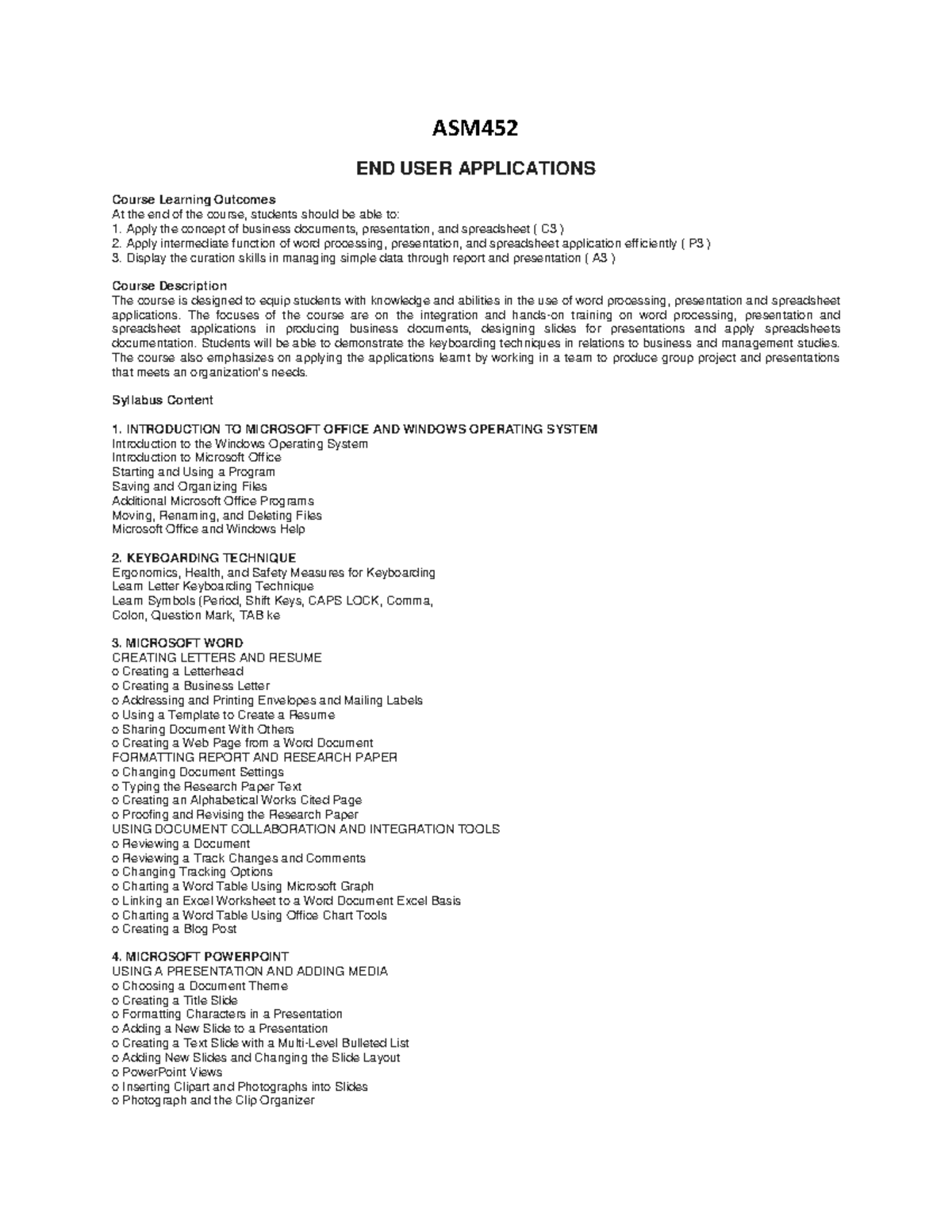Course info e-pjj ASM452 - ASM END USER APPLICATIONS Course Learning ...
