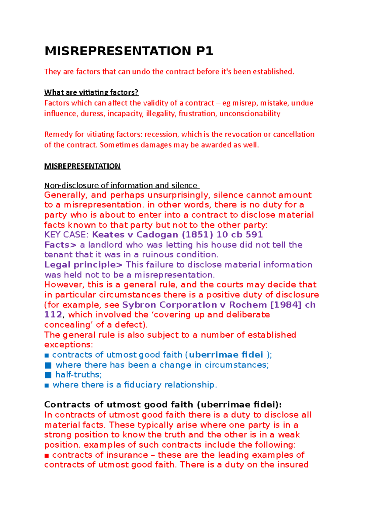 Misrep and mistake - Detailed Summarised Notes - MISREPRESENTATION P ...