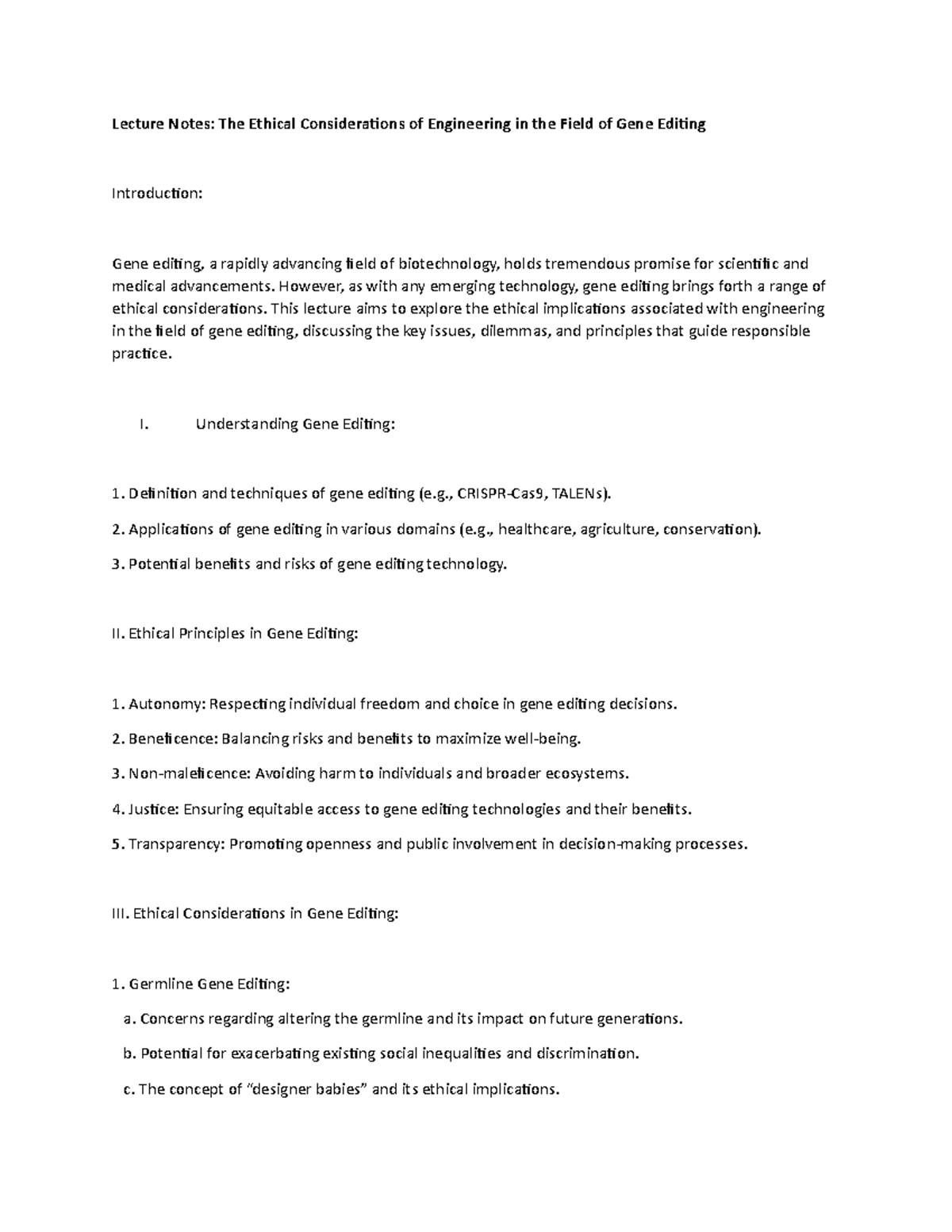 Lecture Notes The Ethical Considerations Of Engineering In The Field Of Gene Editing Lecture