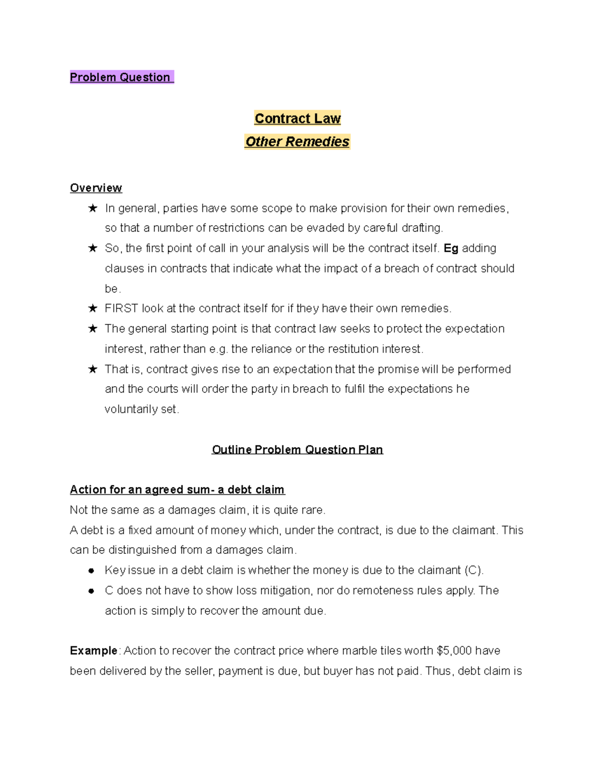 Other Remedies PQ Format - Problem Question Contract Law Other Remedies ...