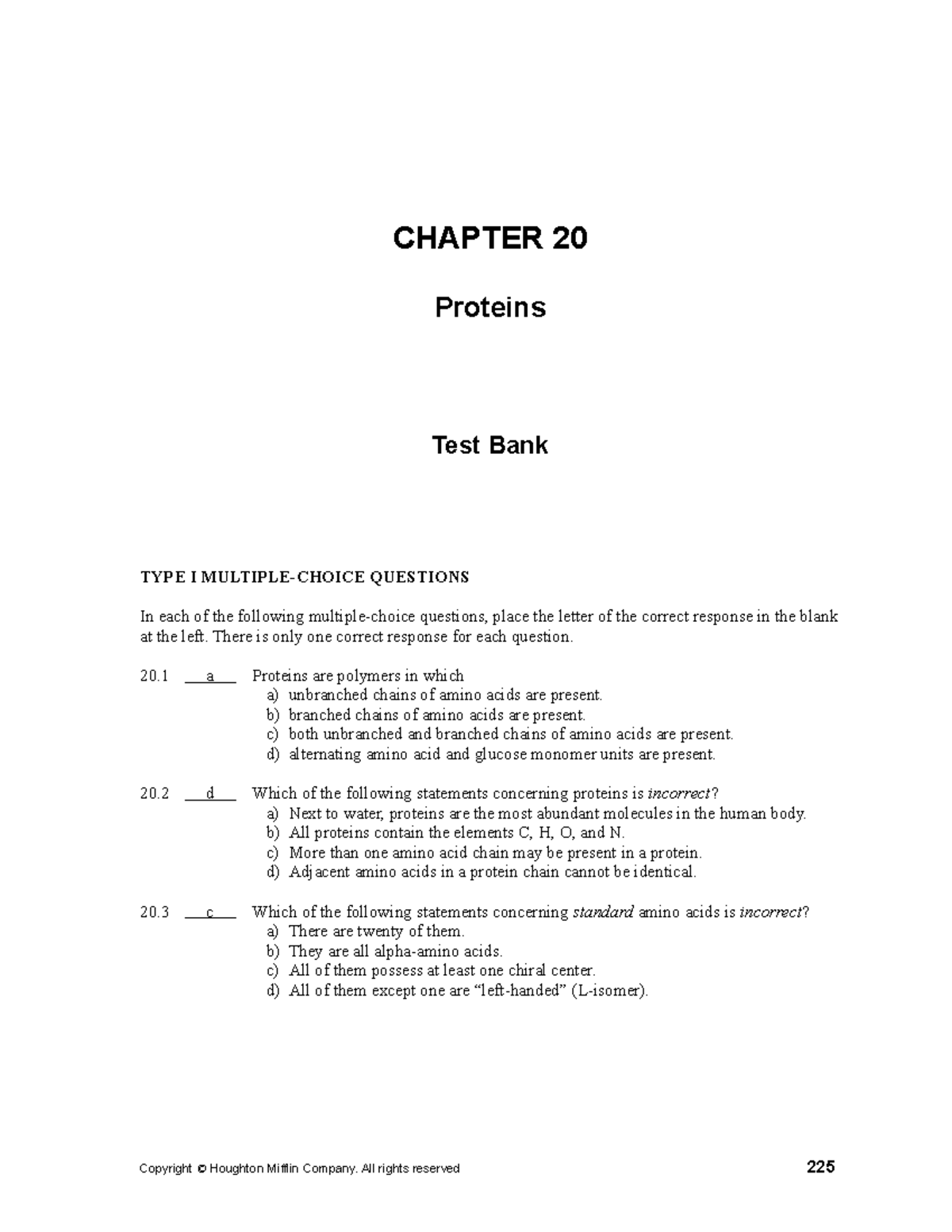 Tb ch20 - biochem - CHAPTER 20 Proteins Test Bank TYPE I MULTIPLE ...