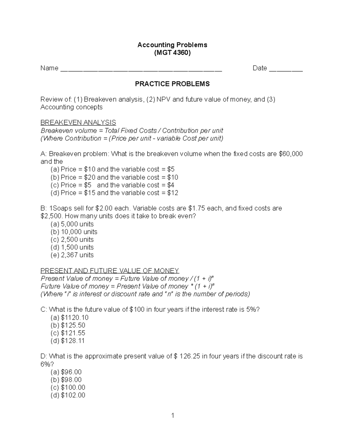 Practice Problems - All Areas - Accounting Problems (MGT 4360) Name ...