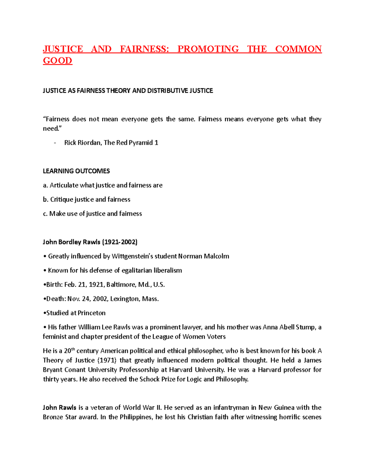 Promoting the common good - JUSTICE AND FAIRNESS: PROMOTING THE COMMON GOOD JUSTICE AS FAIRNESS ...