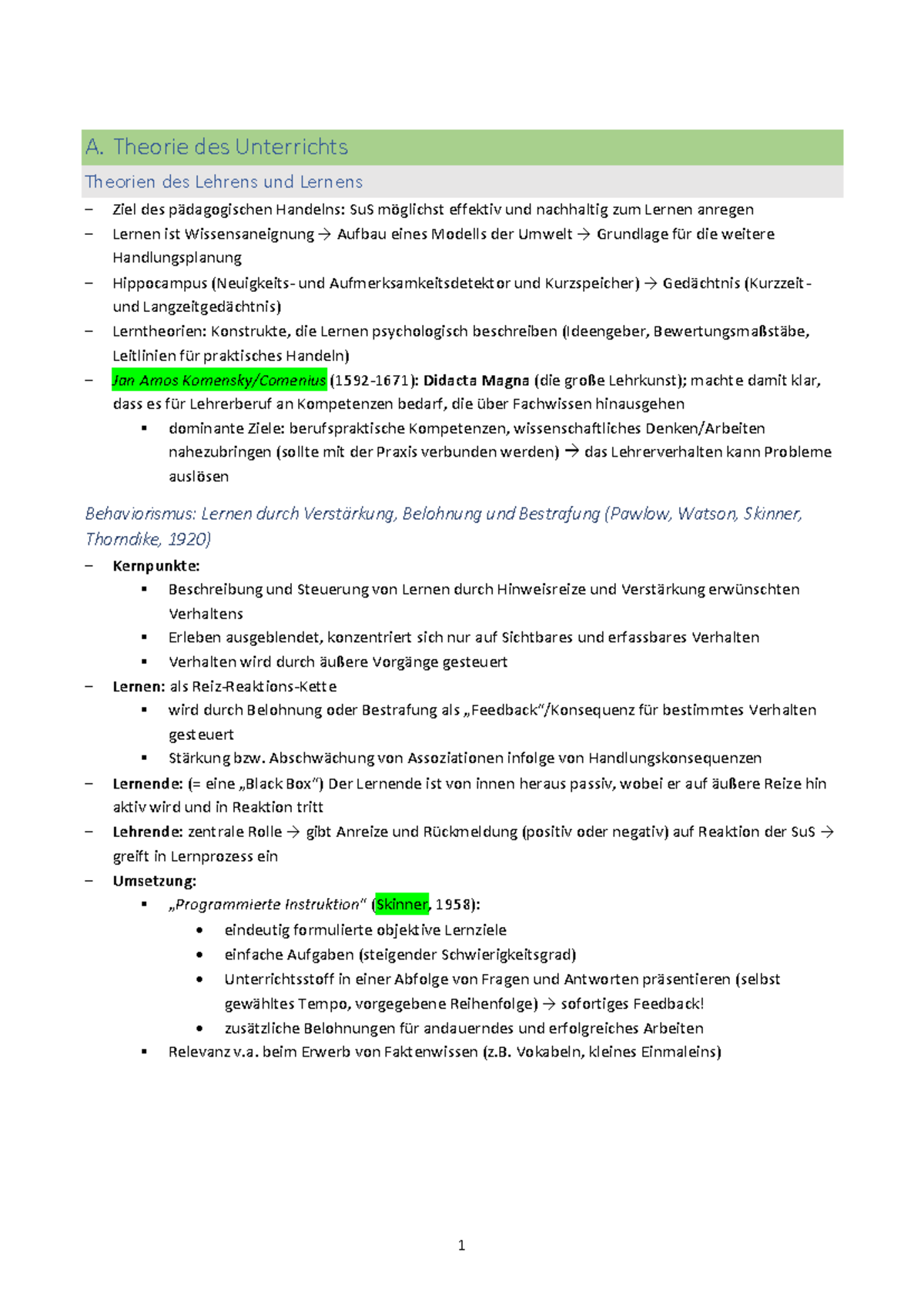 Zusammenfassung EWS Examen-Schulpädagogik - A. Theorie des Unterrichts ...