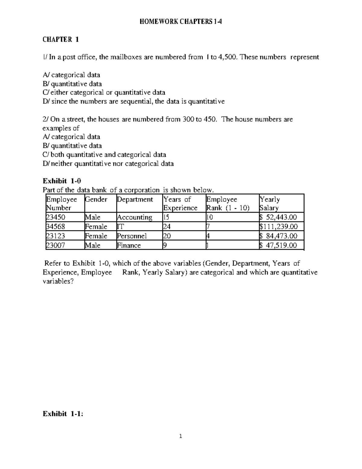 Homework Chapter 1-4 2024 - HOMEWORK CHAPTERS 1- 4 CHAPTER 1 1/ In a post office, the mailboxes ...