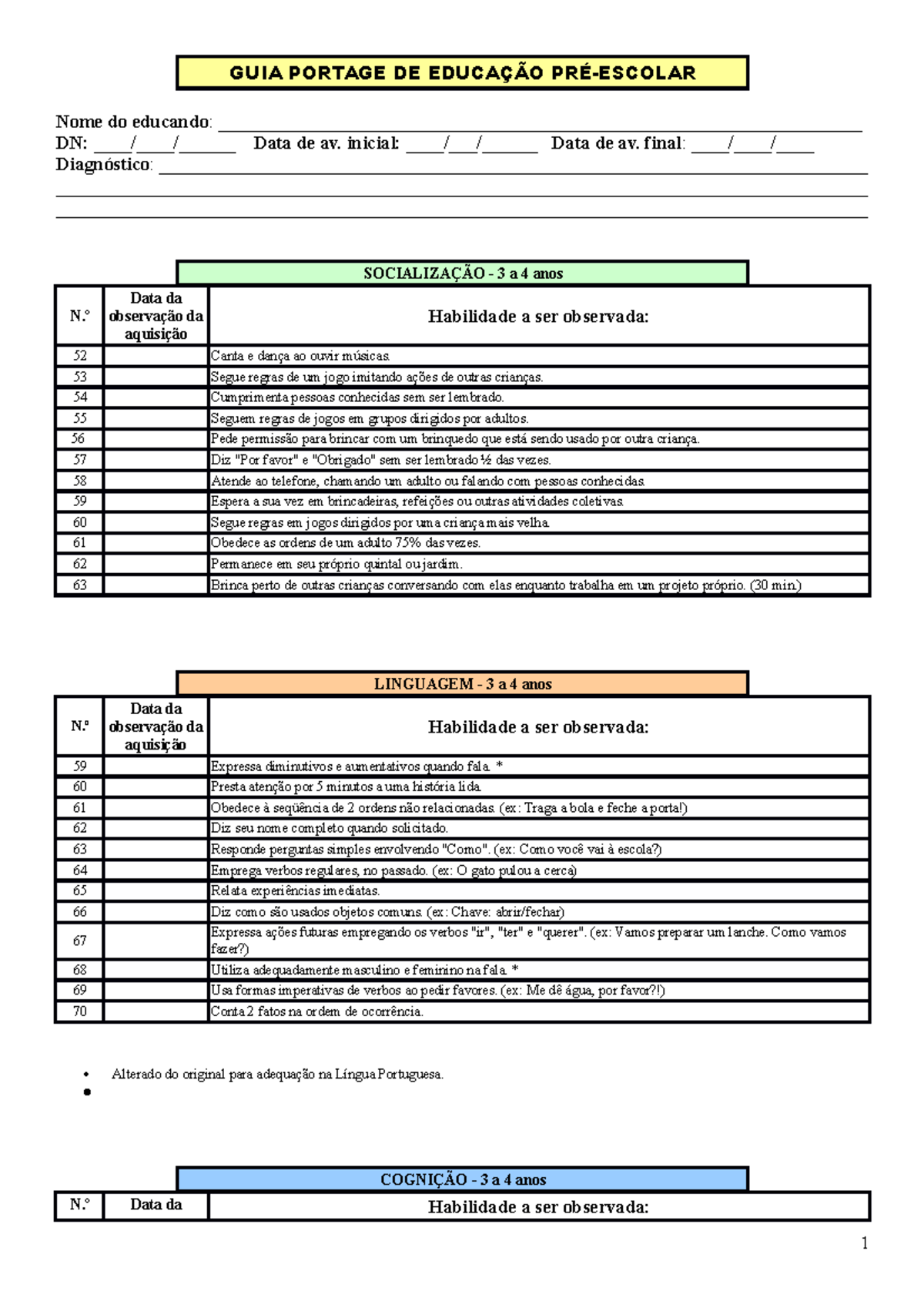 GUIA Portage 3-4 ANOS - GUIA PORTAGE DE EDUCAÇÃO PRÉ-ESCOLAR Nome do ...