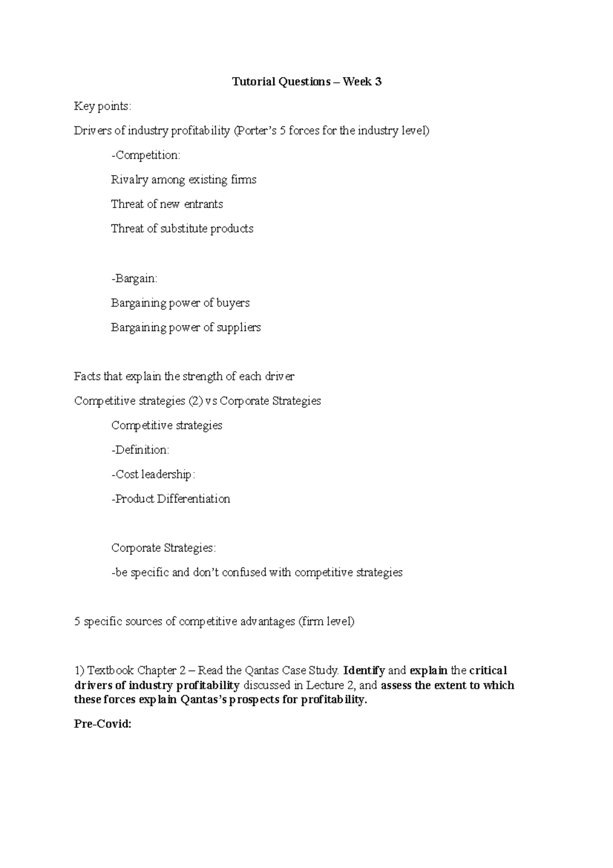 Tutorial Questions Week 3 - Tutorial Questions – Week 3 Key points ...