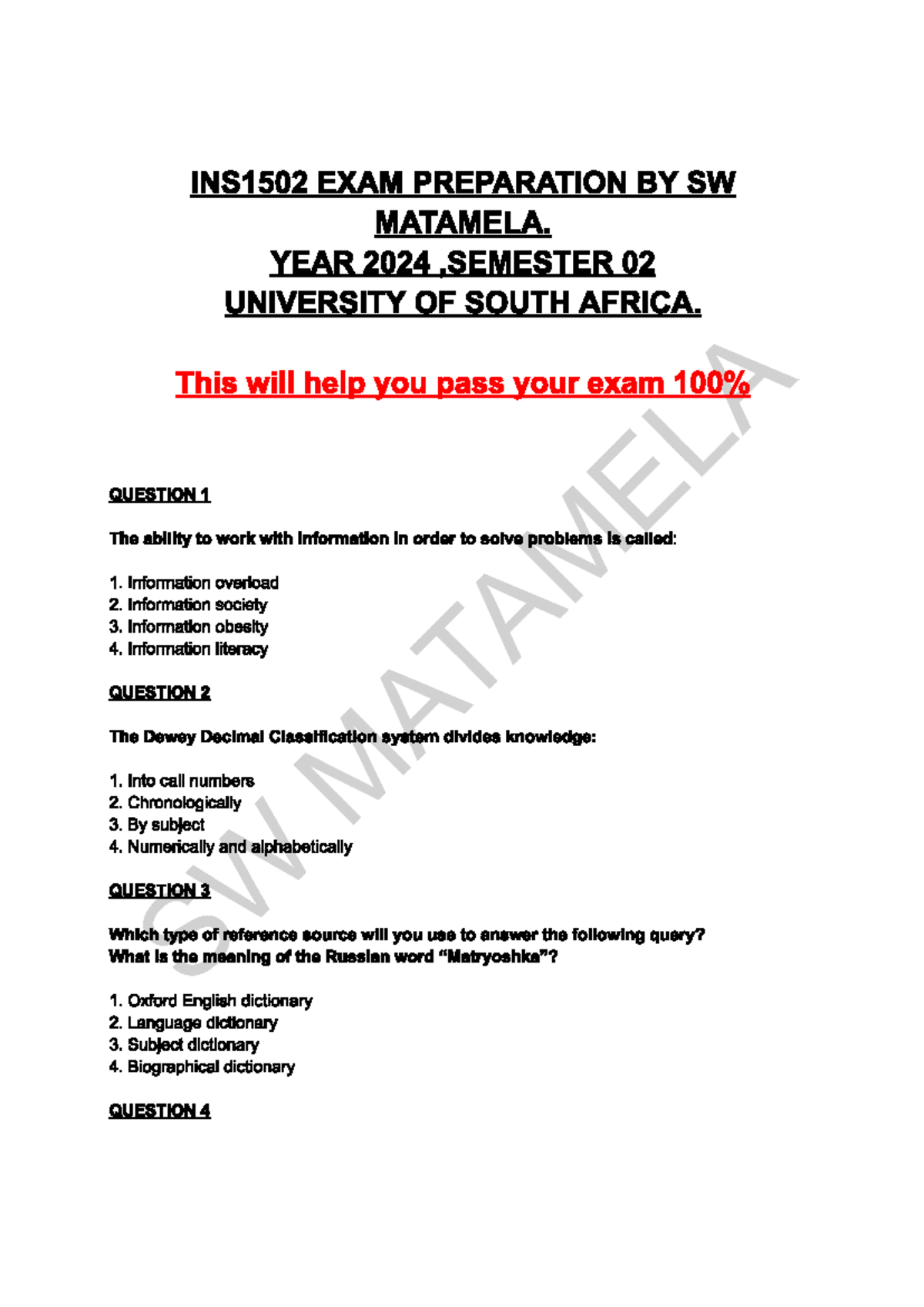 INS1502 EXAM Preparetion 01 - INS1502 EXAM PREPARATION SW MATAMELA ...