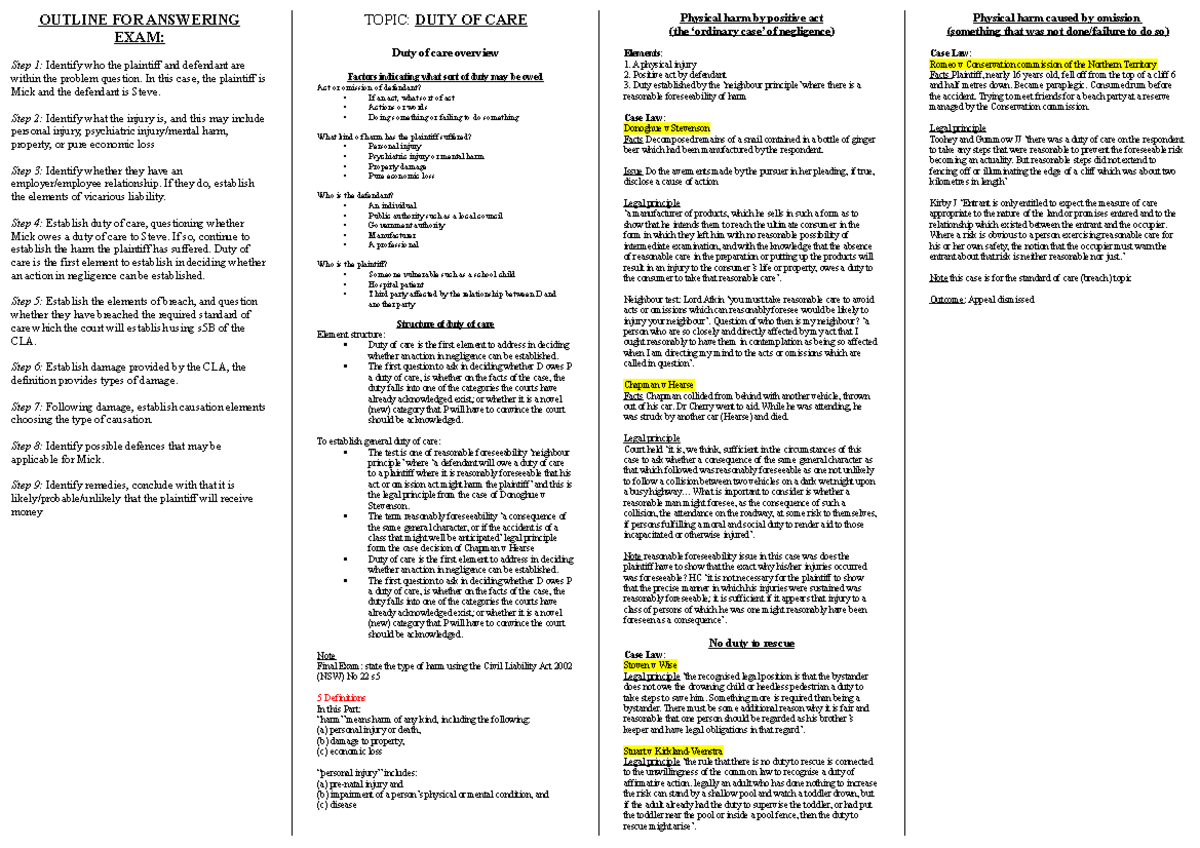 Torts Exam Notes - OUTLINE FOR ANSWERING EXAM: Step 1: Identify who the ...