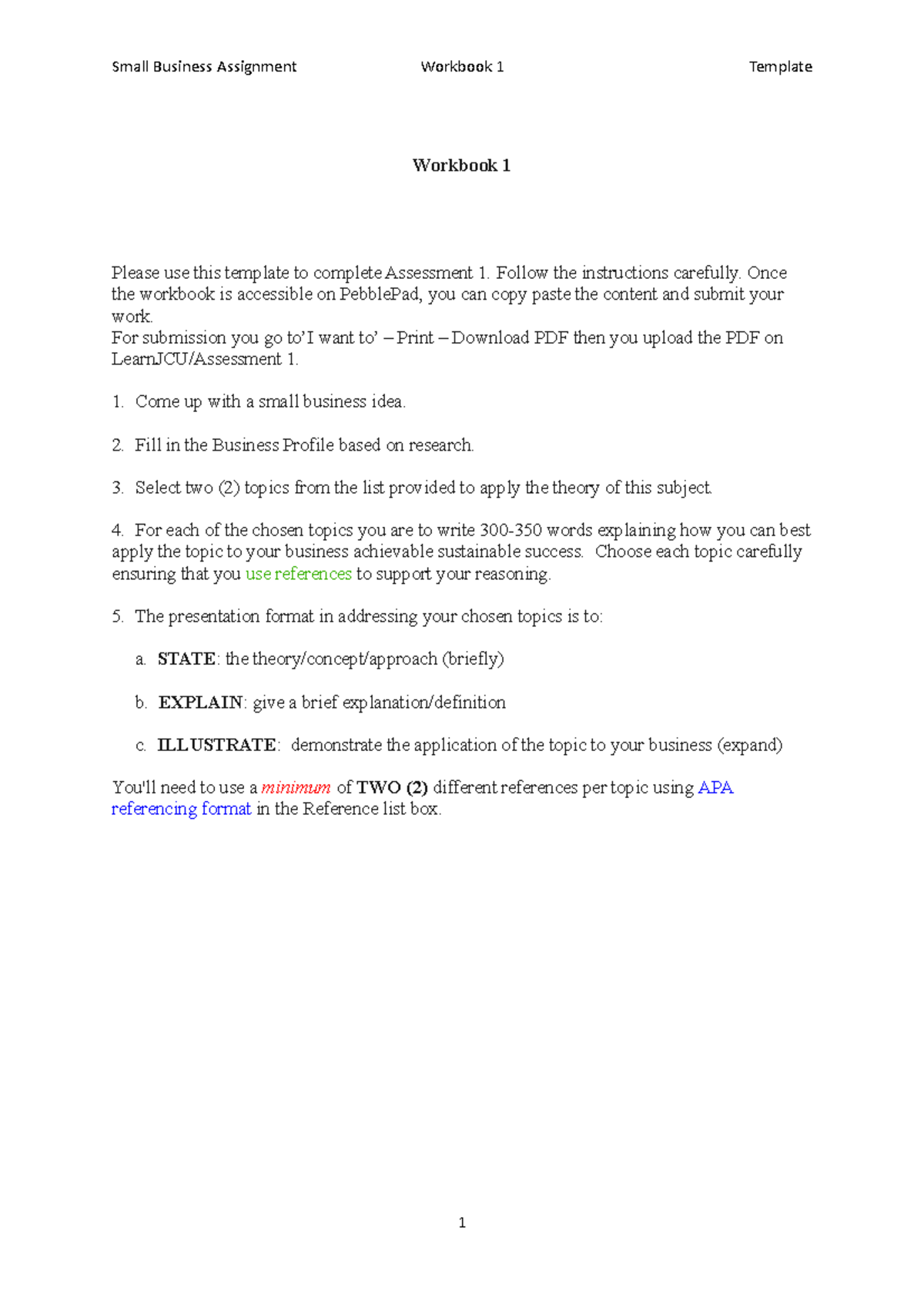 Assessment 1 - template - Workbook 1 - Studocu