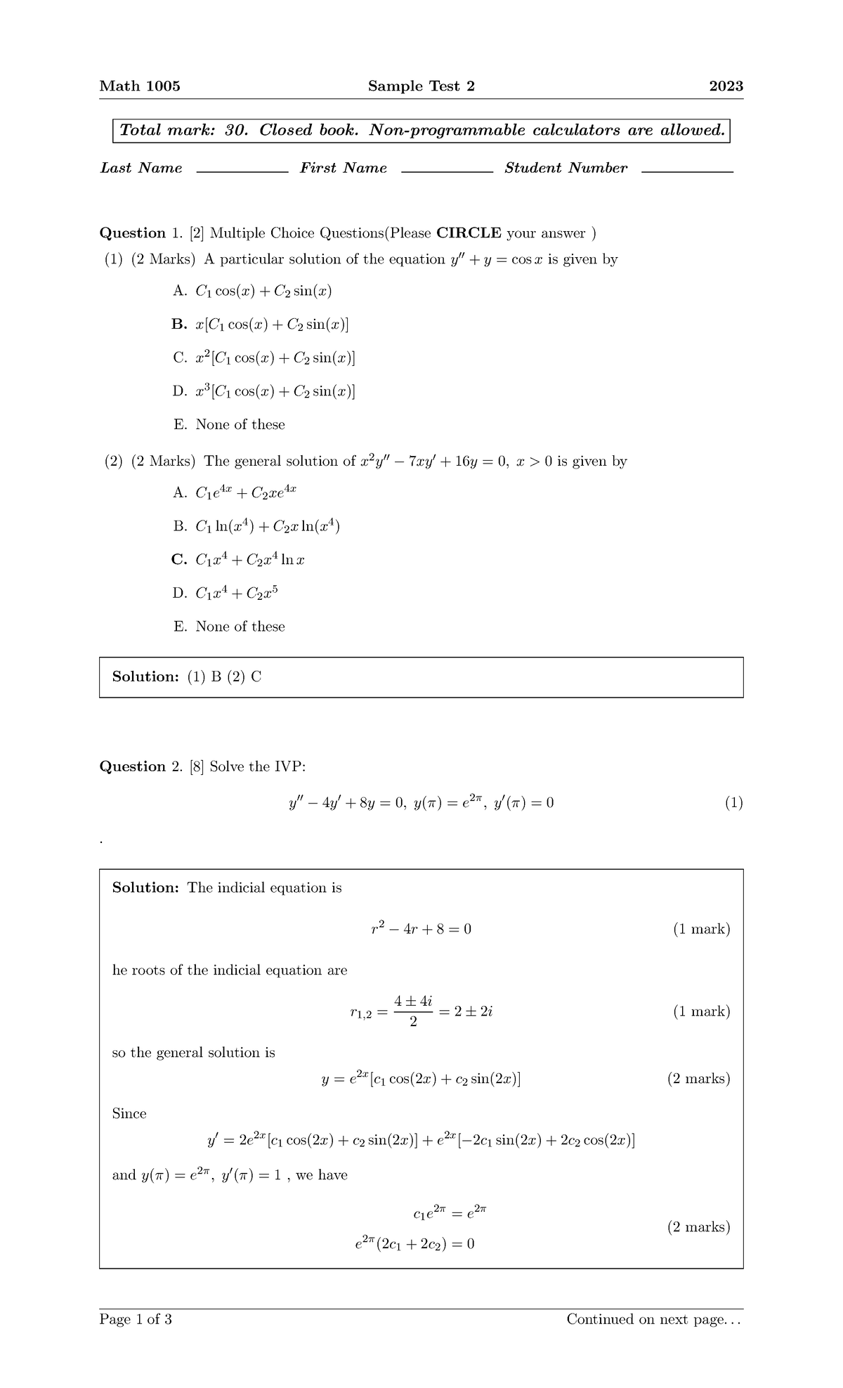 Test 2 sample solutions - Math 1005 Sample Test 2 2023 Total mark: 30 ...