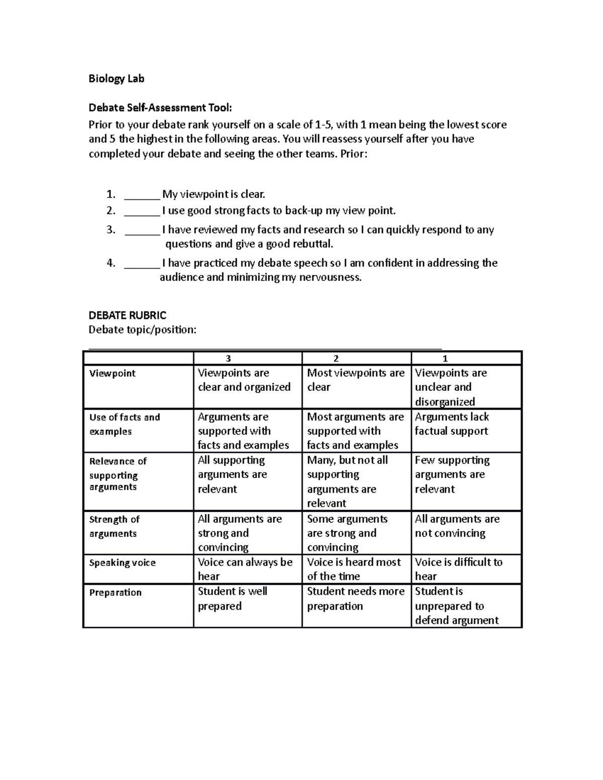 Self Assessment Tool - This is the grading rubric for the debate ...