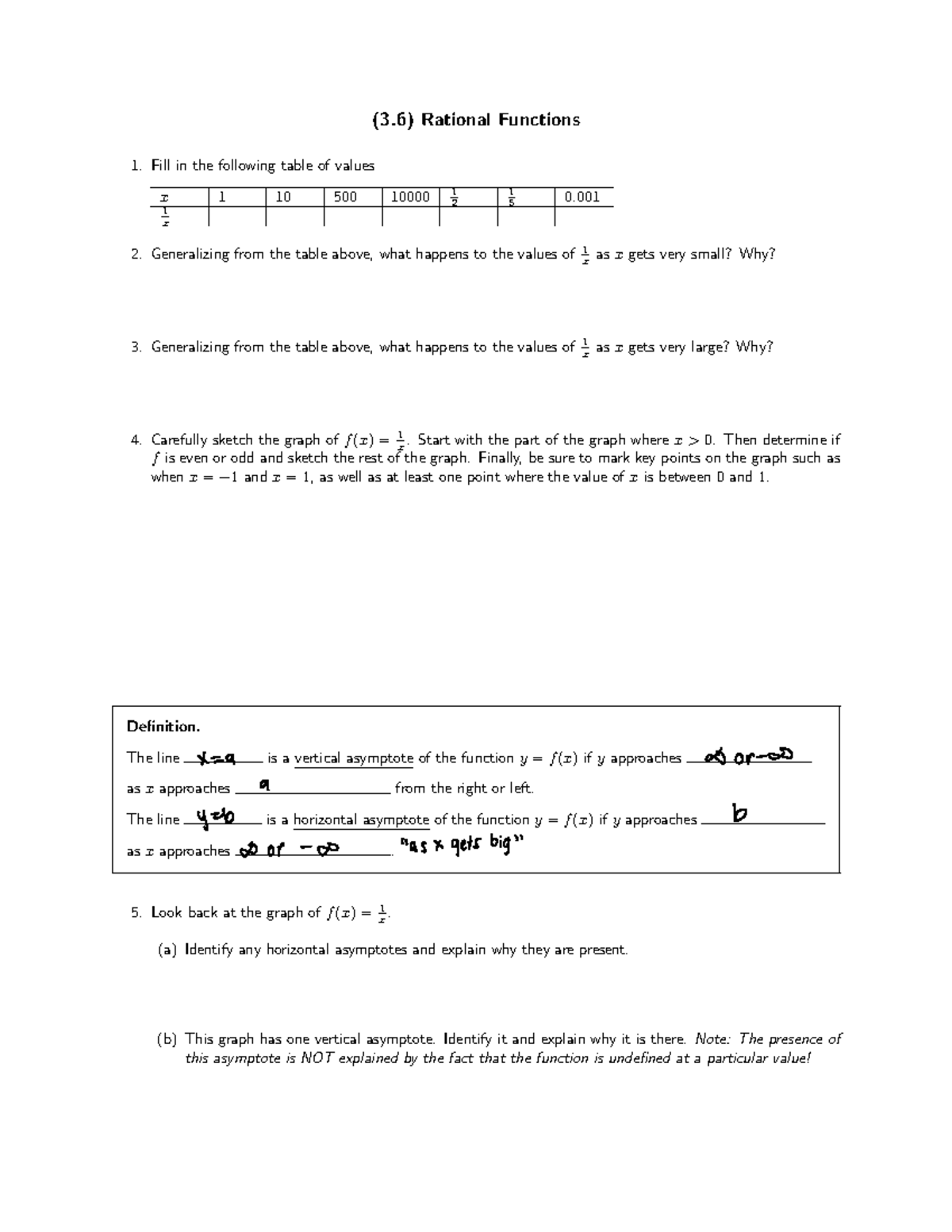 3 6 Rational Functions 1 - (3) Rational Functions Fill in the following ...
